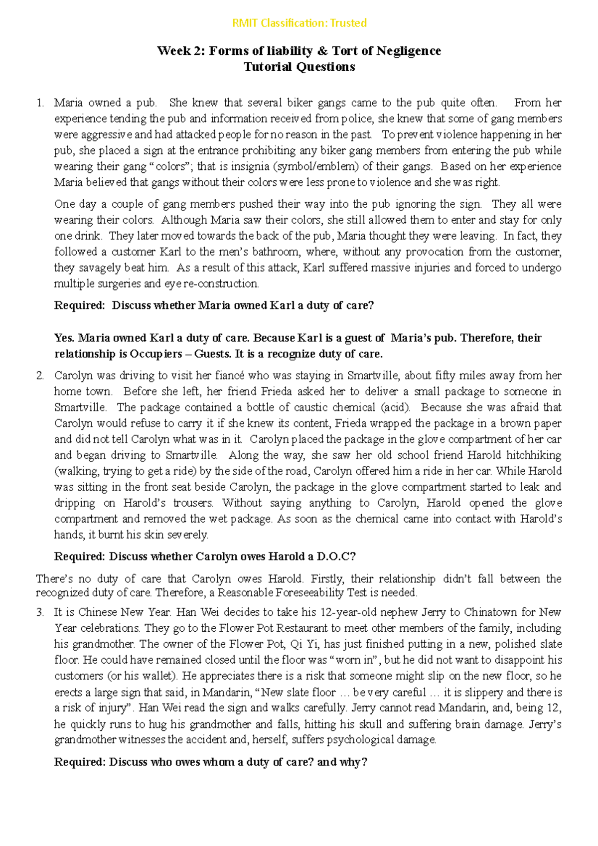 Week2 Tutorial Question - Week 2: Forms of liability & Tort of ...