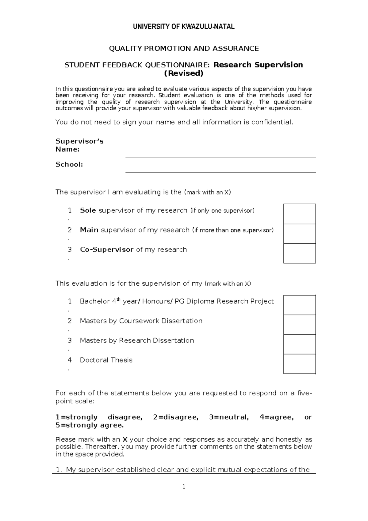PG Supervision Feedback Questionnaire: Evaluating Research Support ...