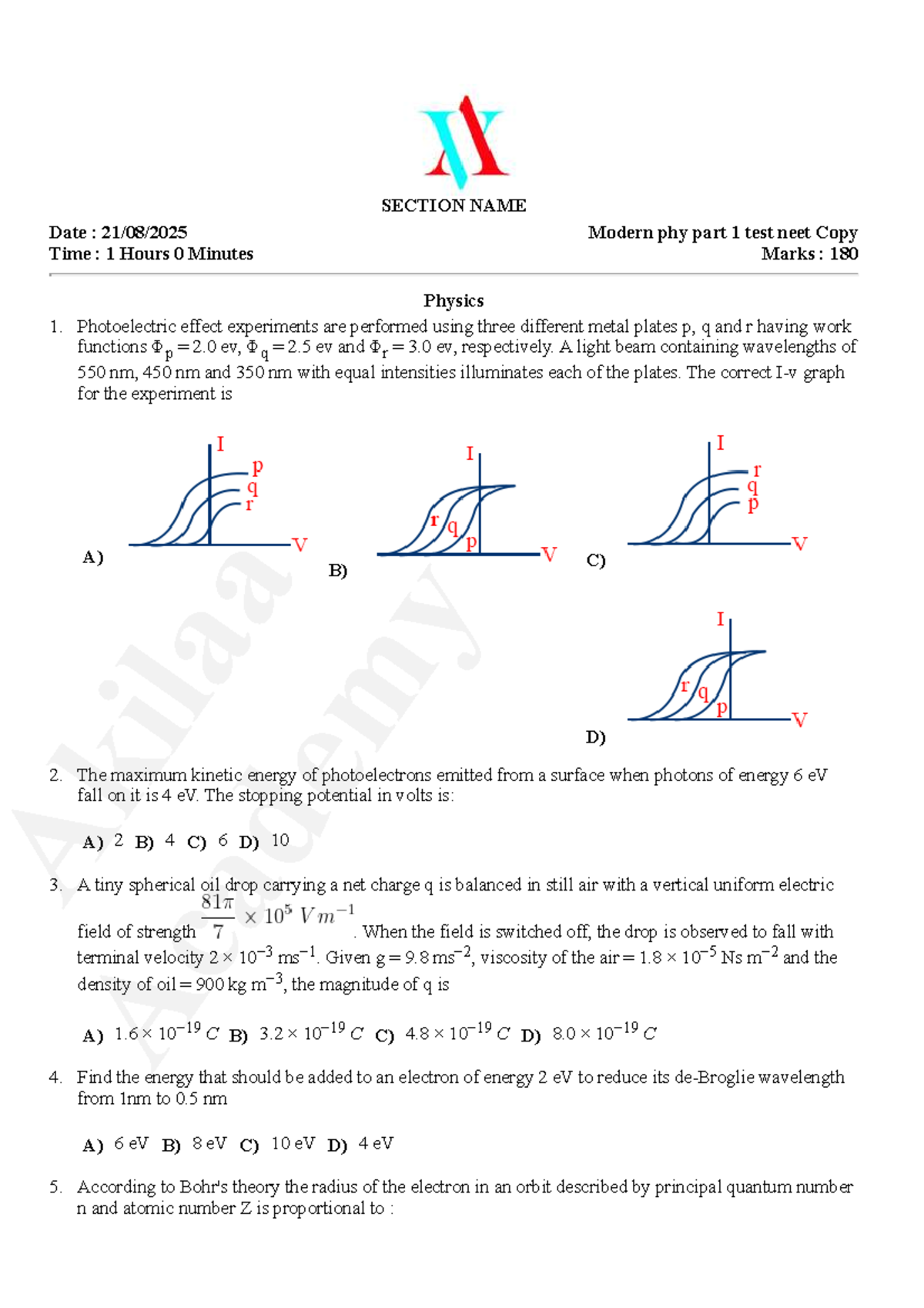 Modern Physics 1 - NEET Test Review and Practice Questions - Studocu