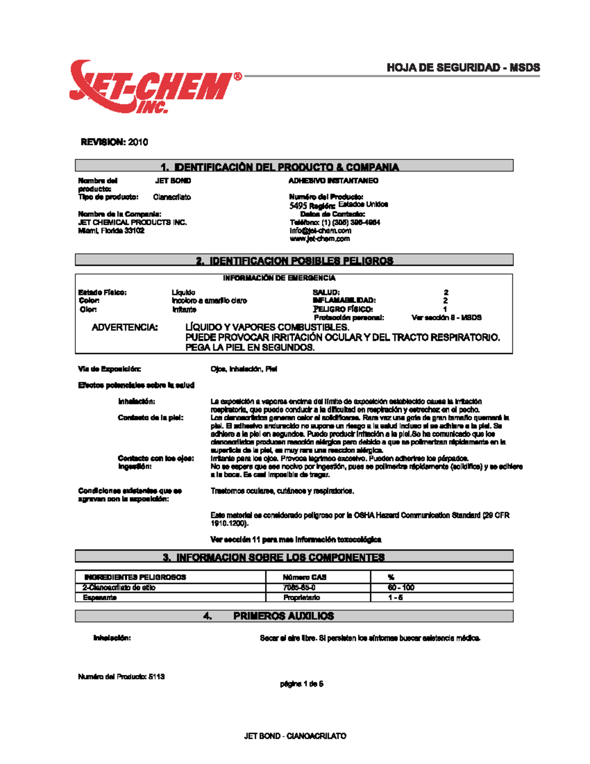 HOJA DE SEGURIDAD MSDS JET BOND CIANOACRILATO 5495 - Studocu