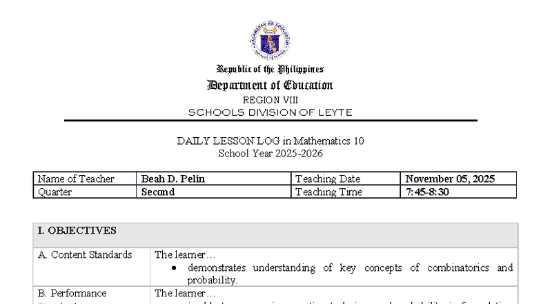 Mathematics 10 Daily Lesson Log: Permutations & Probability - Studocu