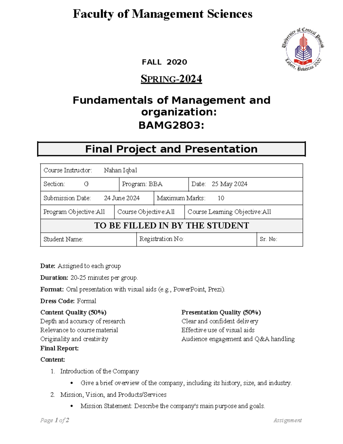 Final Project - Faculty of Management Sciences FALL 2020 SPRING ...