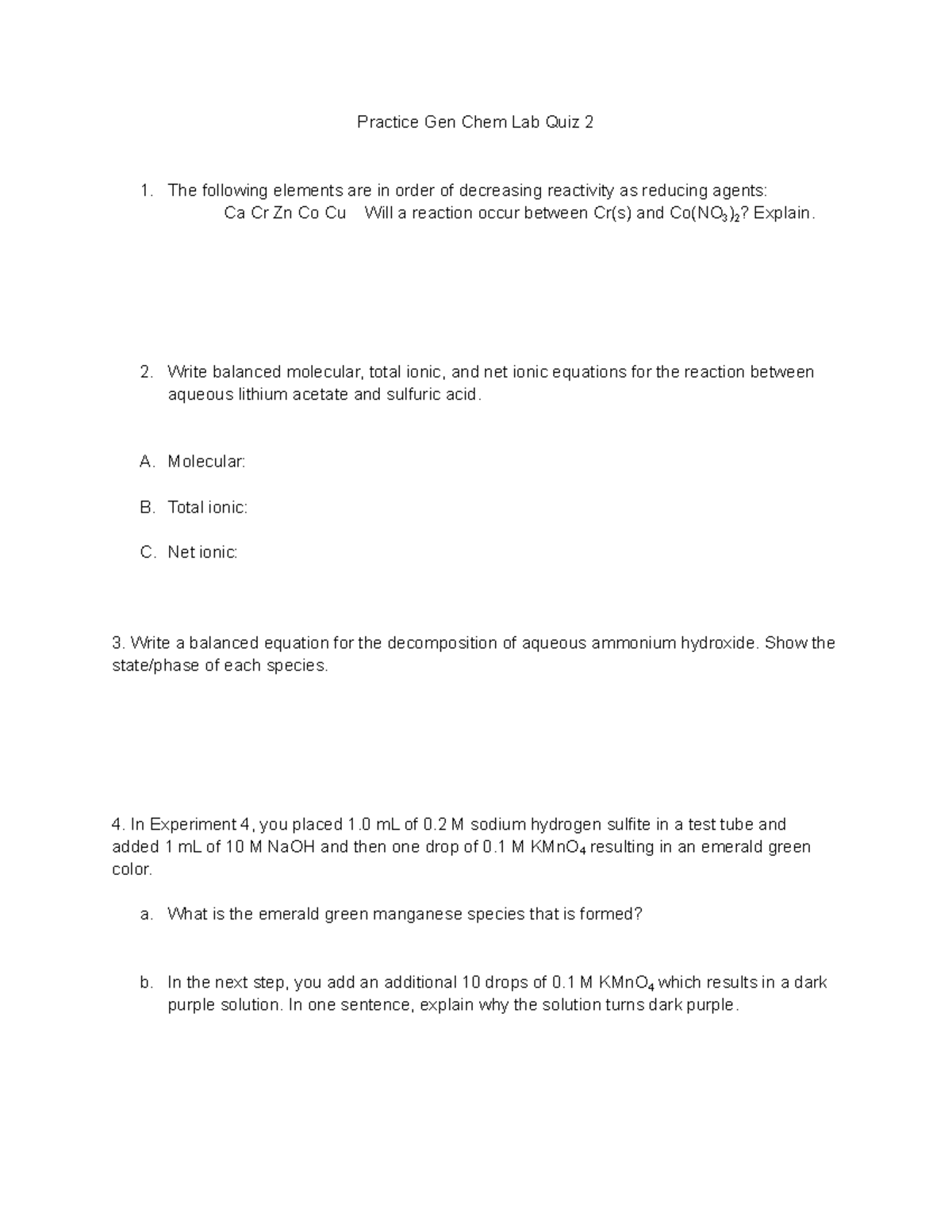 Practice Gen Chem Lab Quiz 2: Reactivity & Reaction Equations - Studocu