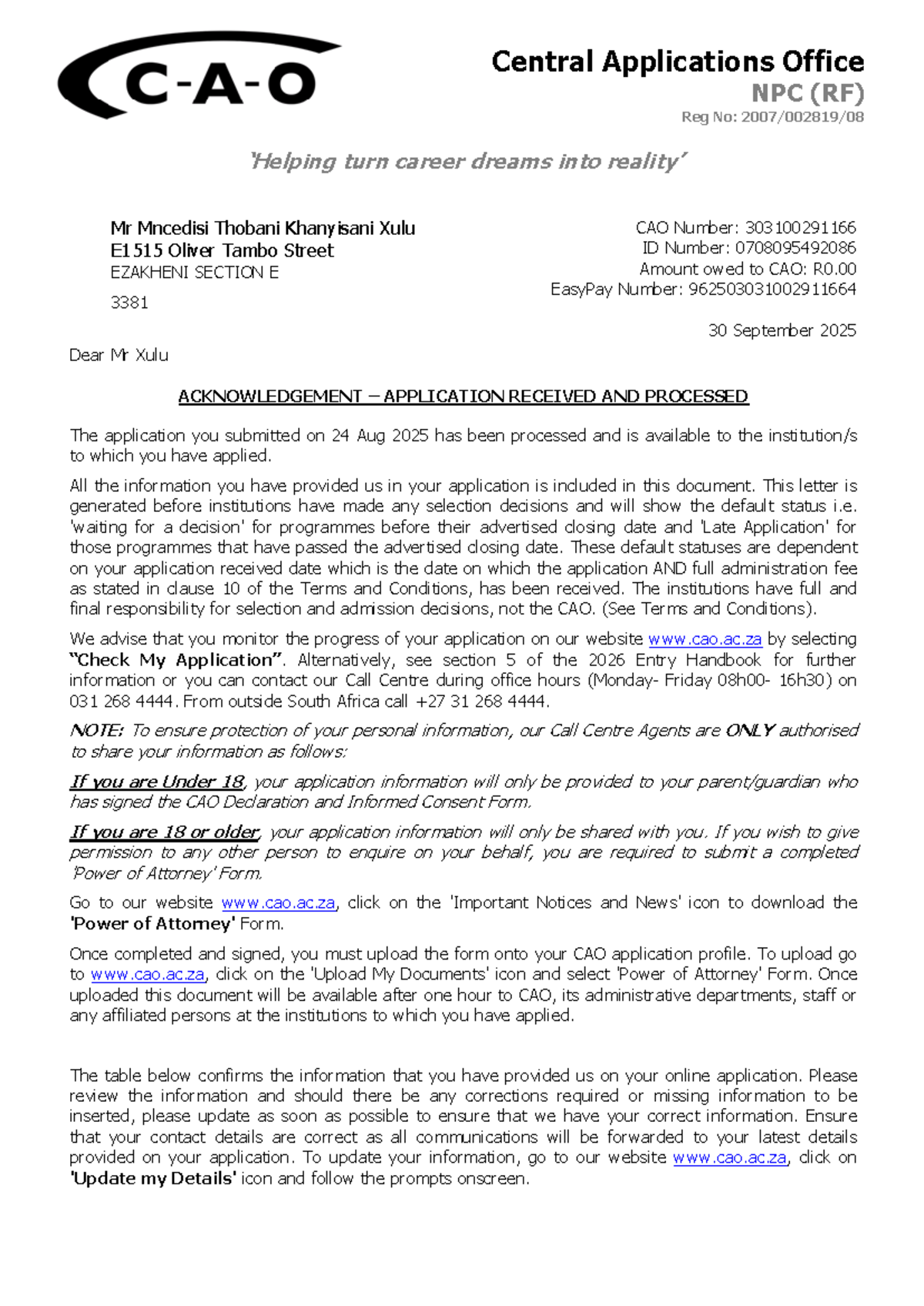 Acknowledgement of Application - CAO 303100291166 - Studocu