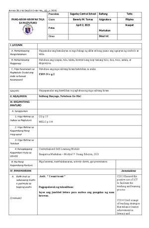 DLP- Pabula - Bahagi Paglalarawan I. Layunin Pamantayang Nilalaman ...