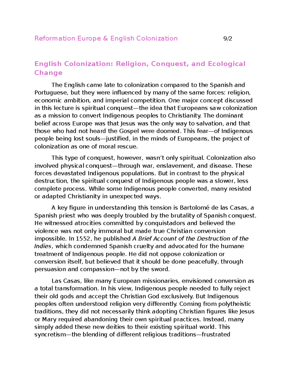 English Colonization: Religion, Conquest, and Ecology (HIST101) - Studocu