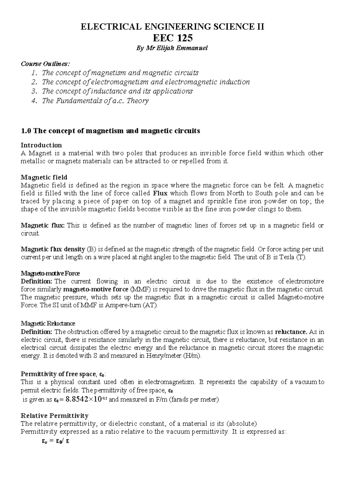 EEC 125 Final Exam Notes: Magnetism, Electromagnetism & Inductance ...
