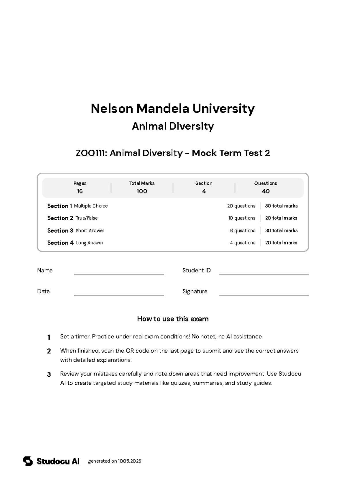 ZOO111 Animal Diversity - Mock Term Test 2 Review Guide - Studocu