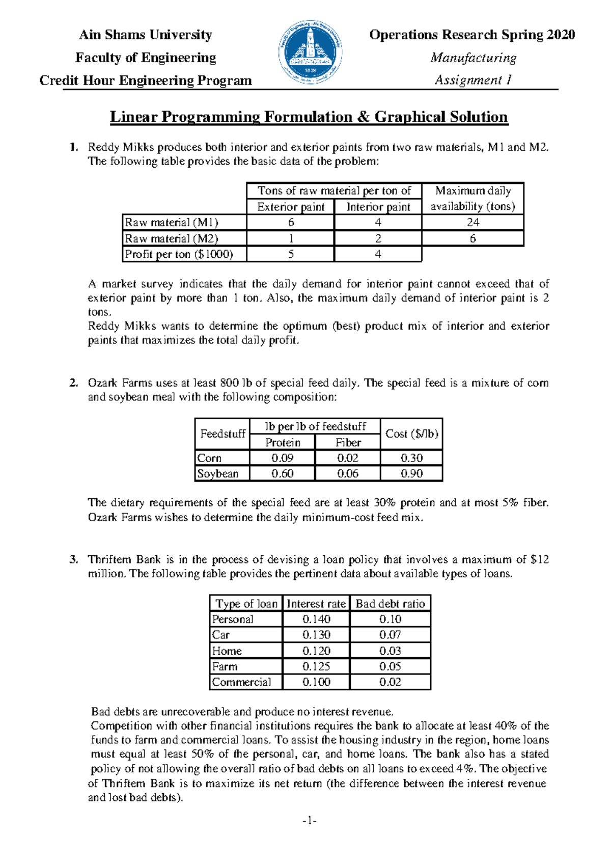 Assignment 01: LP Problem Formulation and Solutions Spring 2020 - Studocu