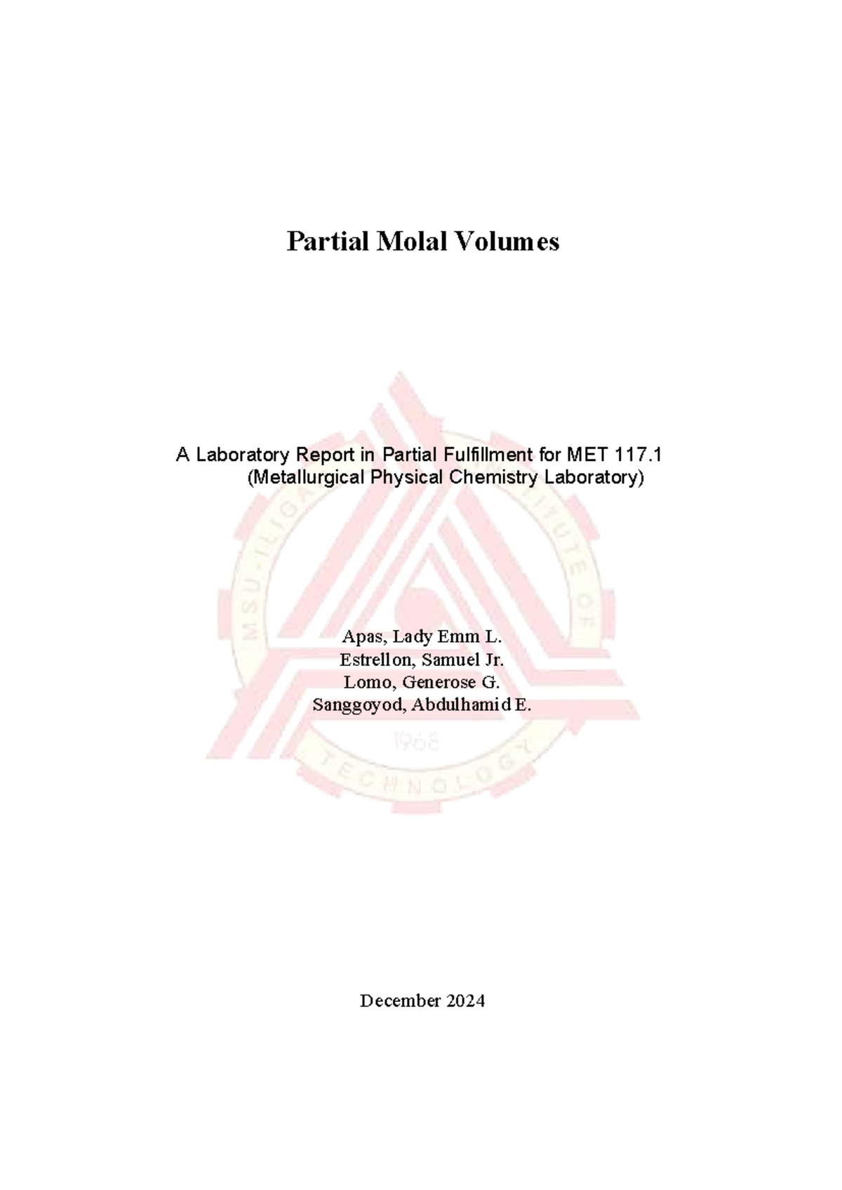 Laboratory Report on Partial Molal Volumes for MET 117.1 - Studocu
