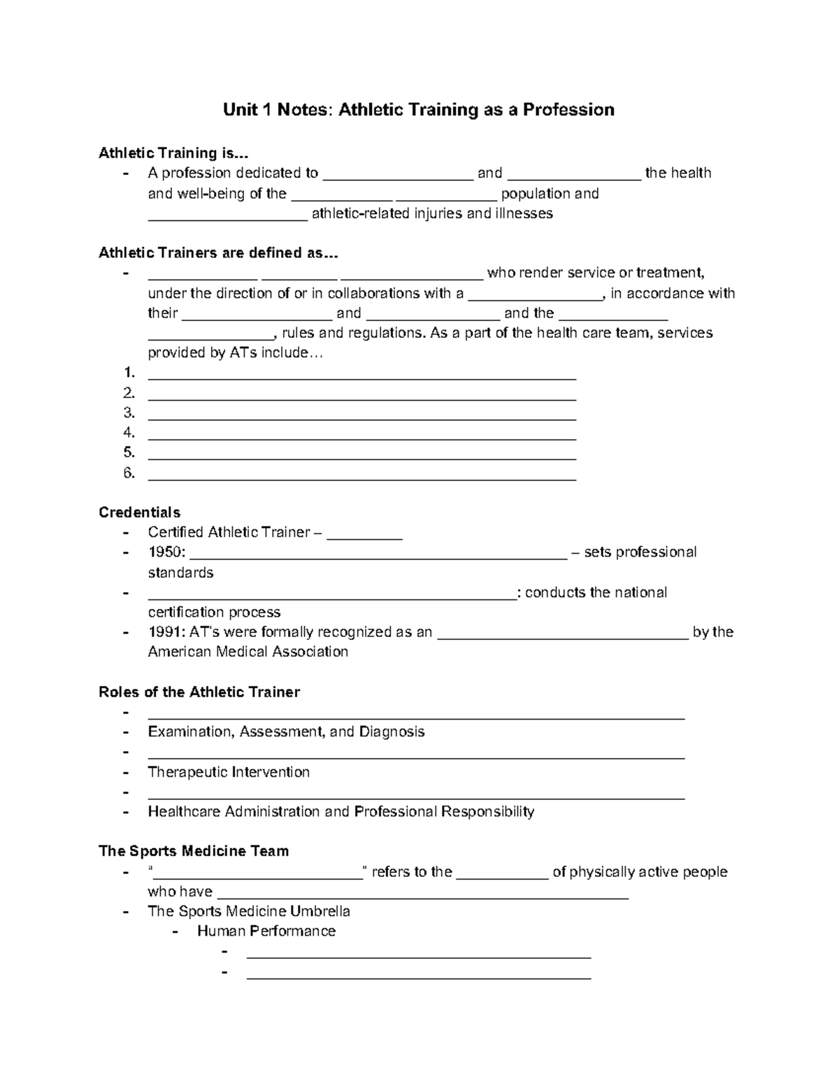Unit 1 PPT Notes: Overview of Athletic Training Profession - Studocu
