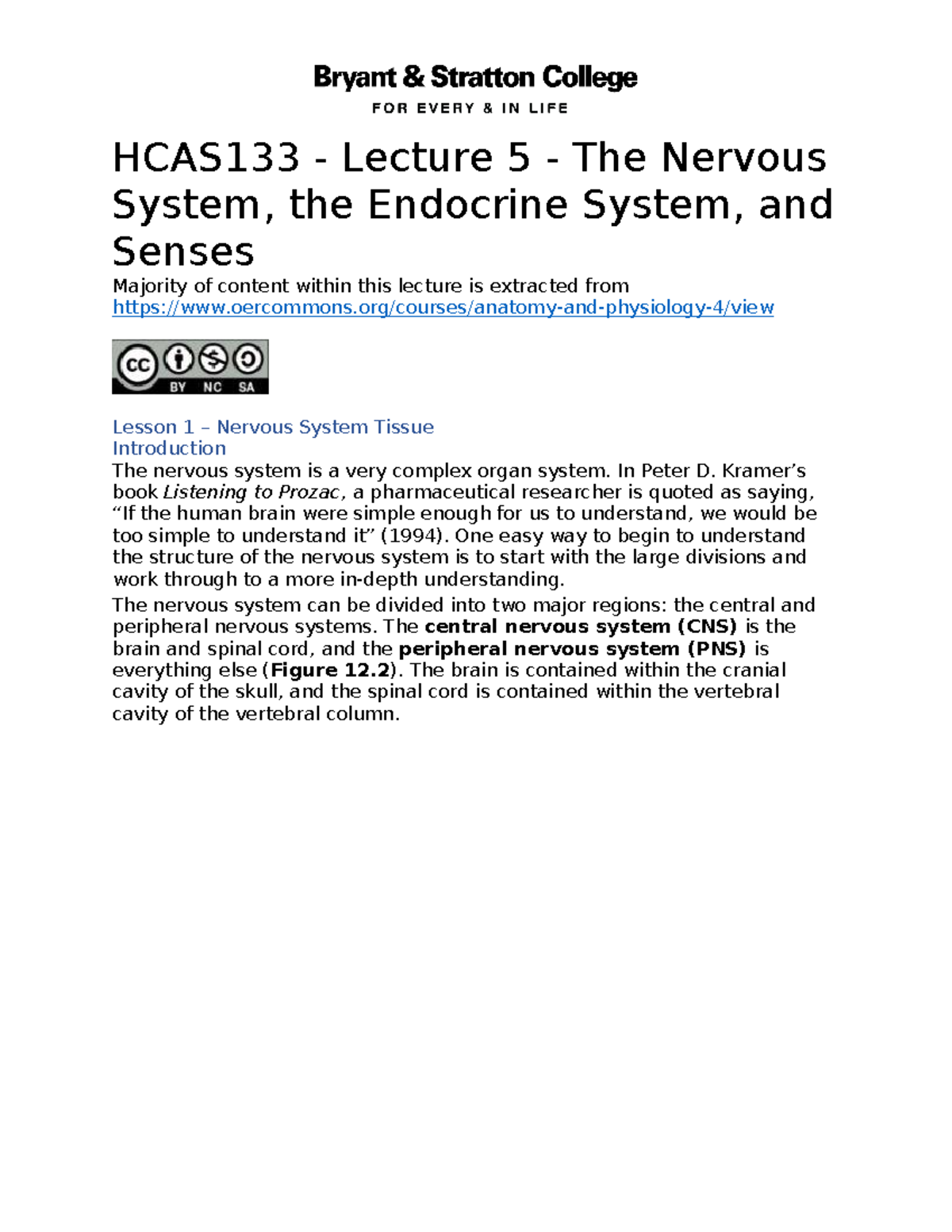HCAS133 Lecture 5: Nervous & Endocrine Systems Overview - Studocu