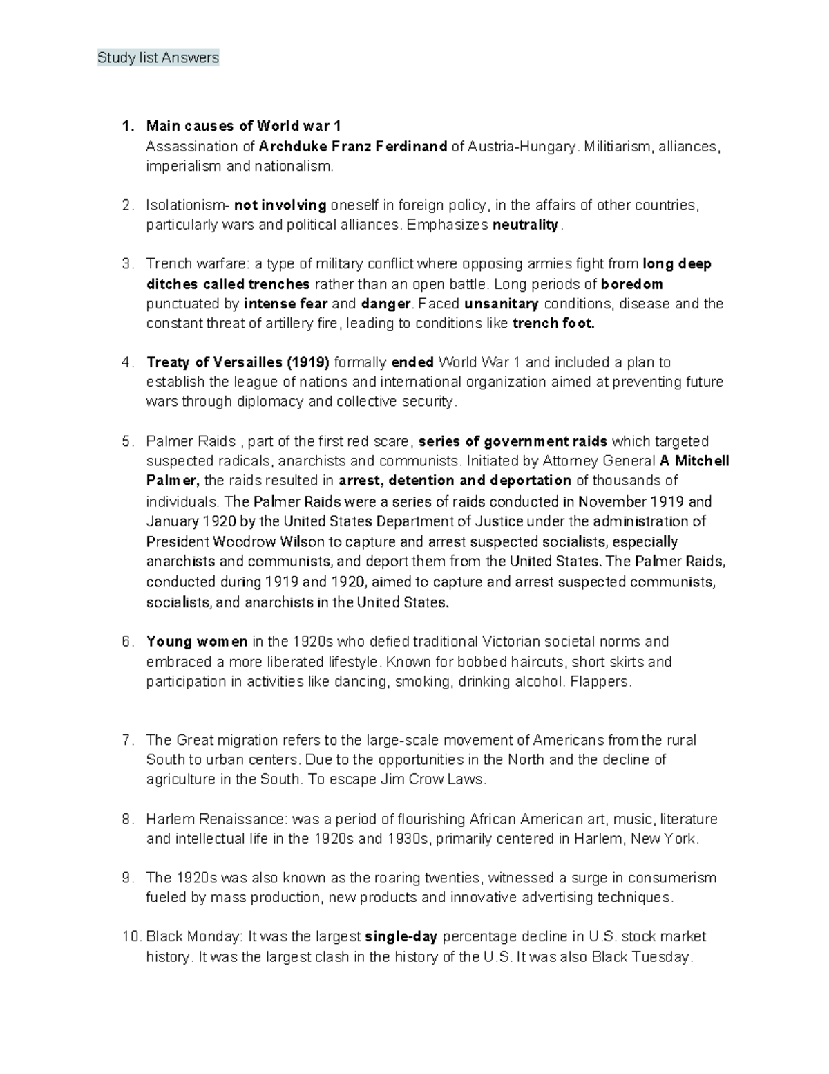 US History Study Guide: Causes of WWI, 1920s, & Great Depression - Studocu