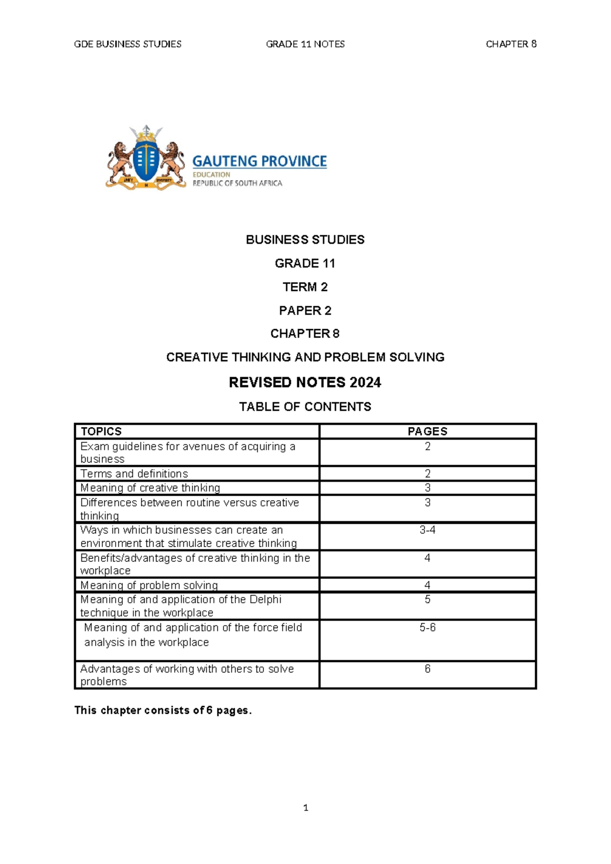 Grade 11 BUS 2024 Chapter 8 Creative Thinking & Problem Solving Notes ...