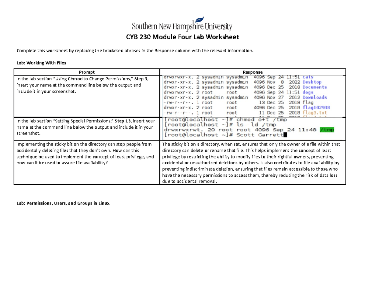CYB 230 Module 4 Lab Worksheet: Working with Linux File Permissions ...