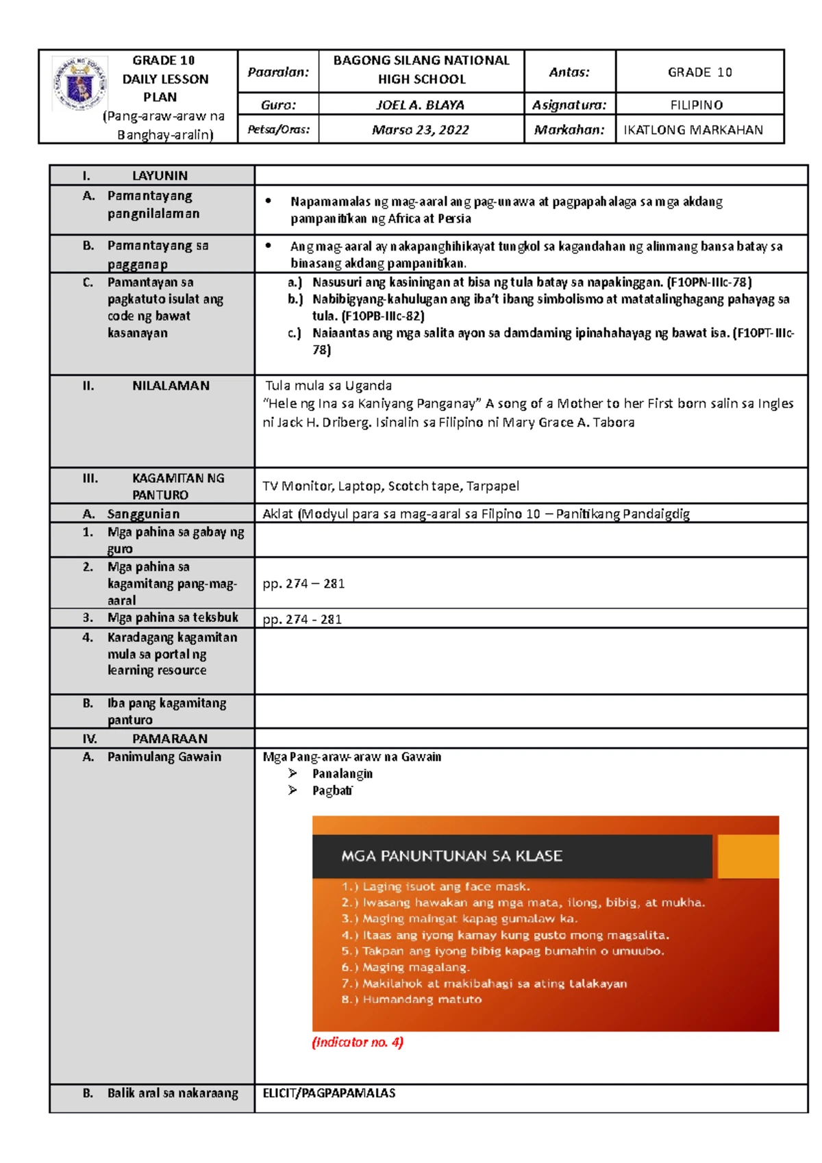 DLP ESP 10 - fil - GRADE 10 DAILY LESSON PLAN (Pang-araw-araw na Banghay-aralin) Paaralan ...