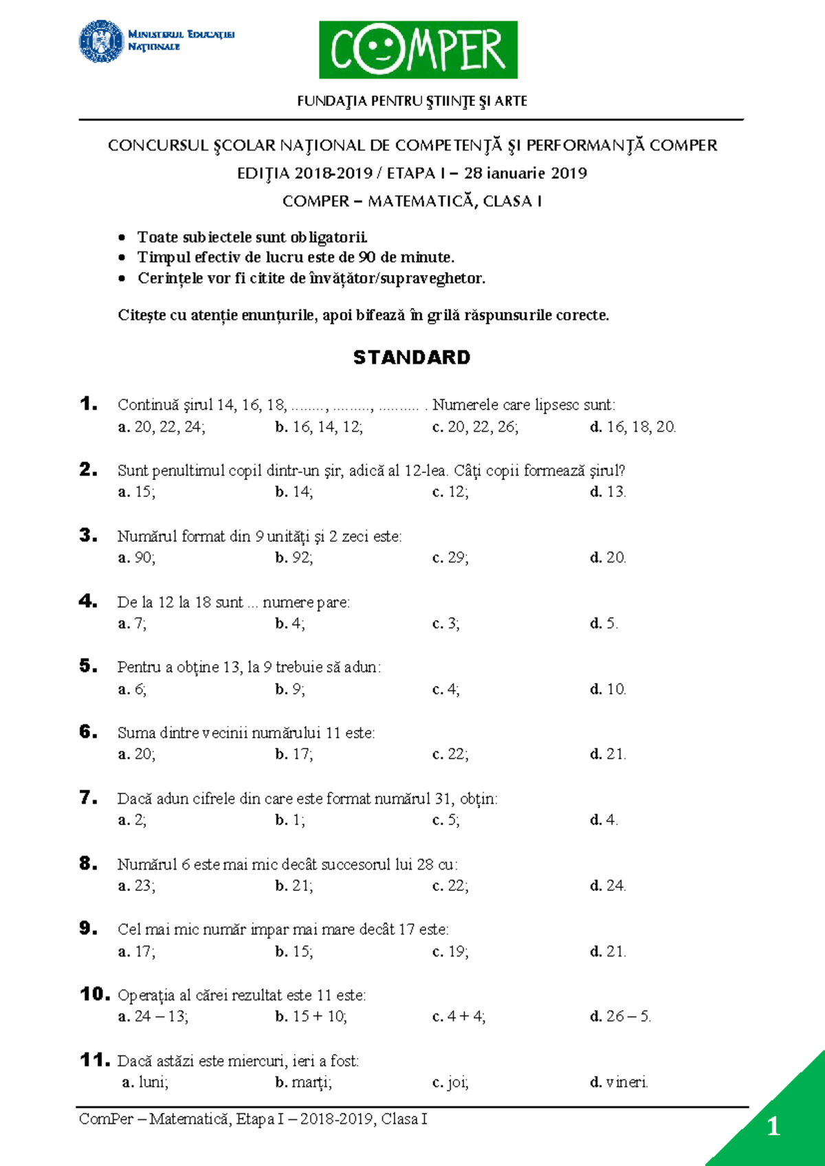 Subiecte Comper Matematică Etapa I 2018-2019 - Clasa 1 - Studocu