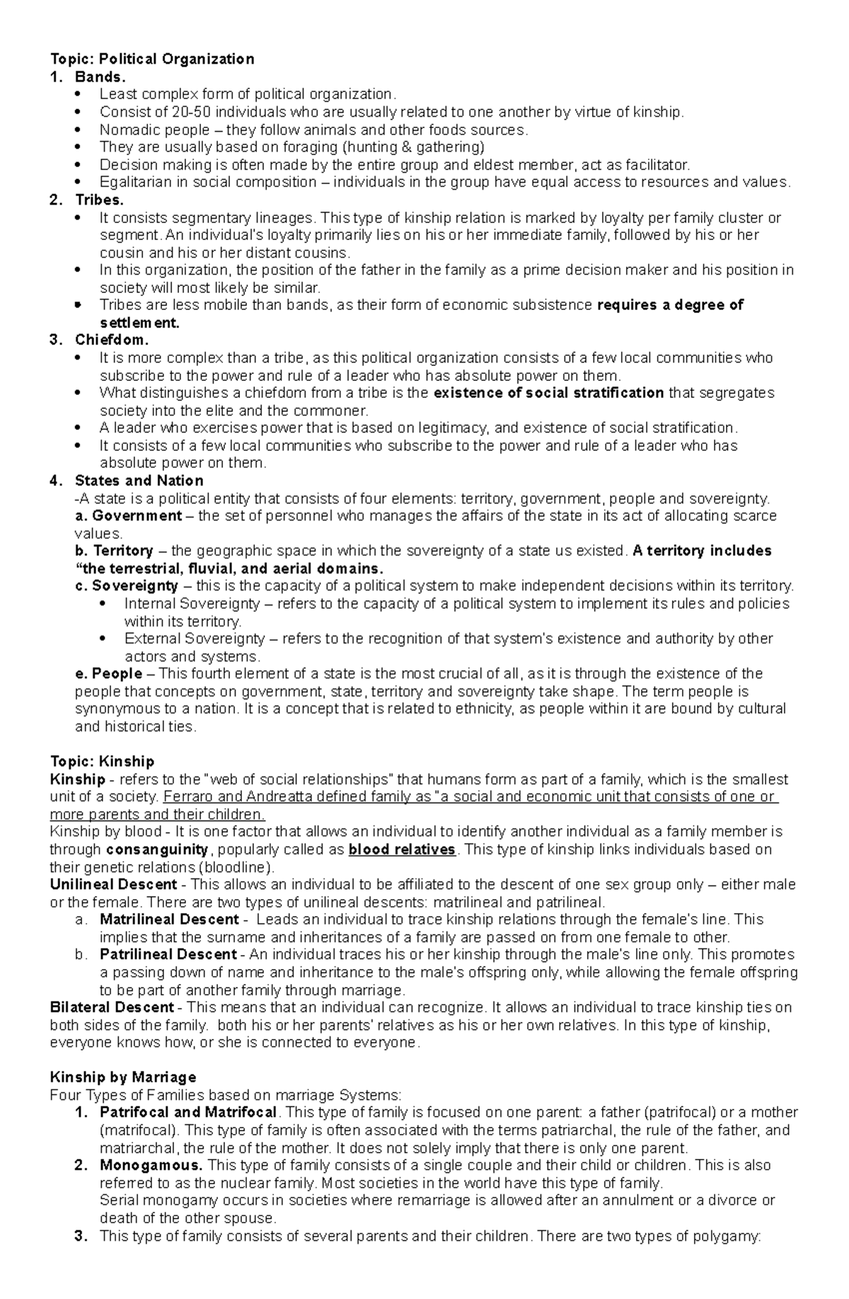 UCSP Political Organization & Kinship Review for 2nd Quarter - Studocu