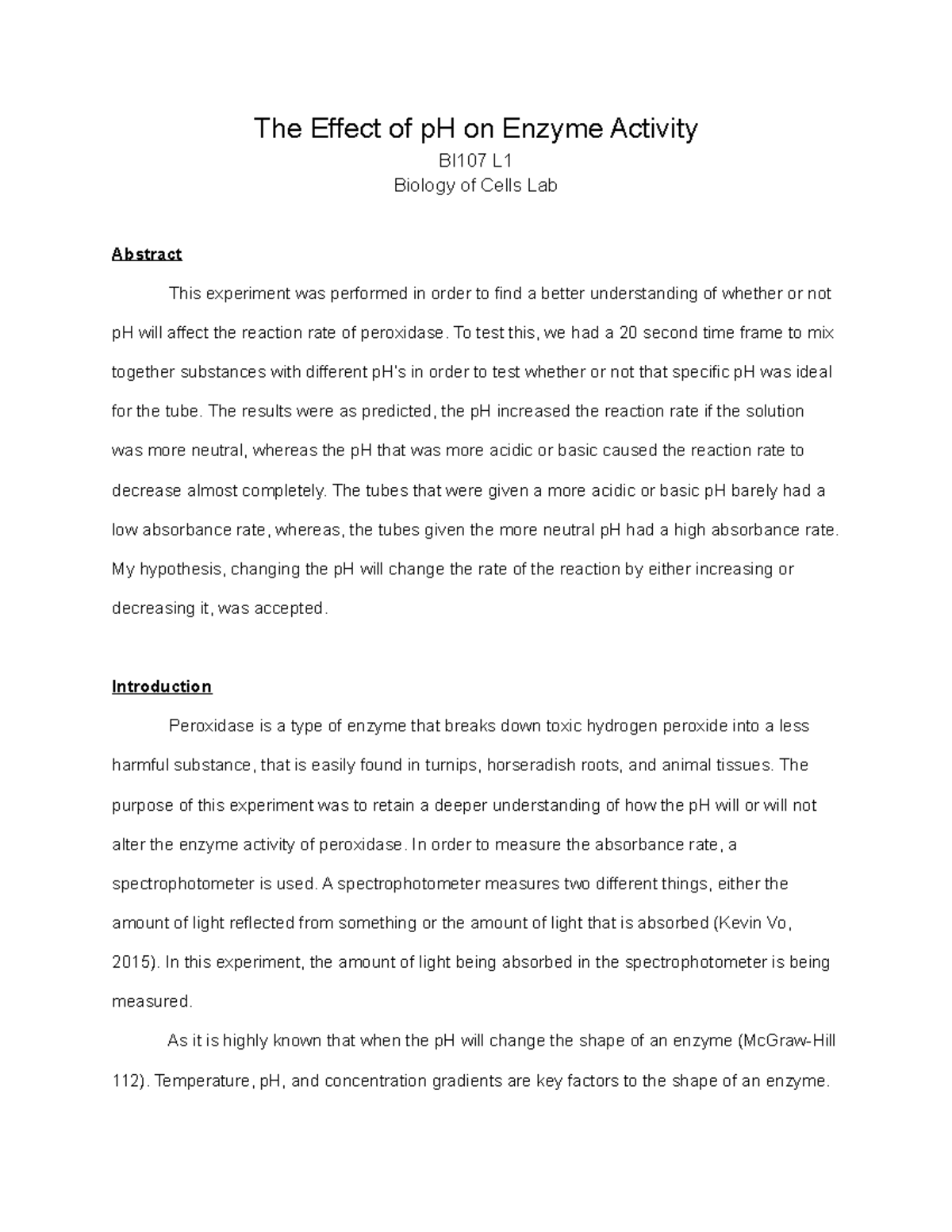 Lab Report p H on Enzyme Activity - The Effect of pH on Enzyme Activity ...