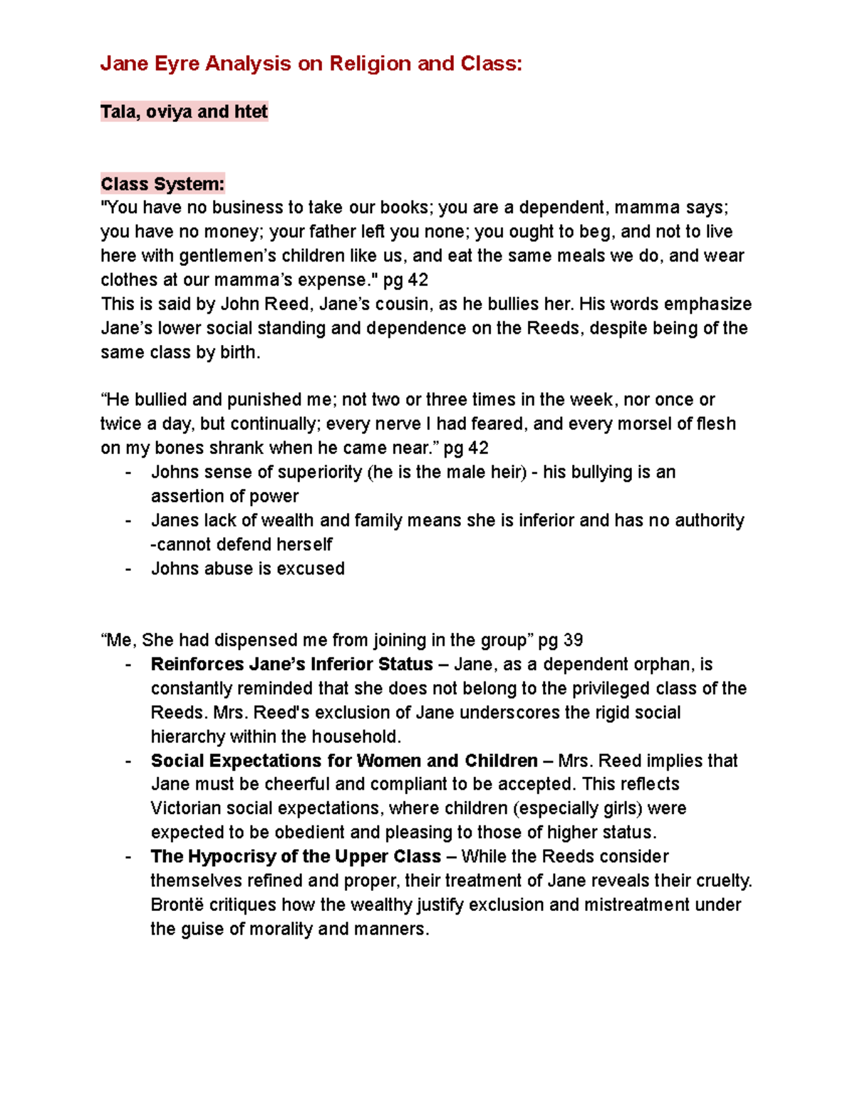 Jane Eyre Analysis: Class and Religion in Victorian Society - Studocu