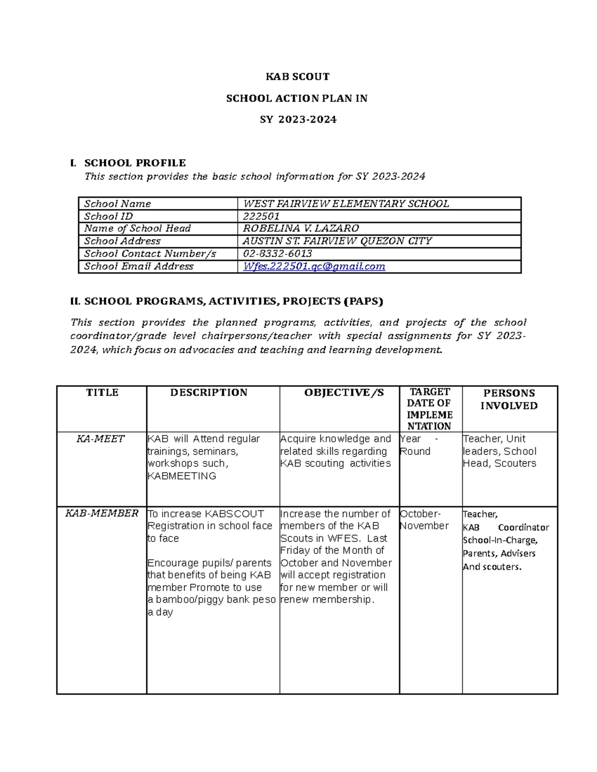 Kabscout Tenazas Action (1) - KAB SCOUT SCHOOL ACTION PLAN IN SY 2023 ...