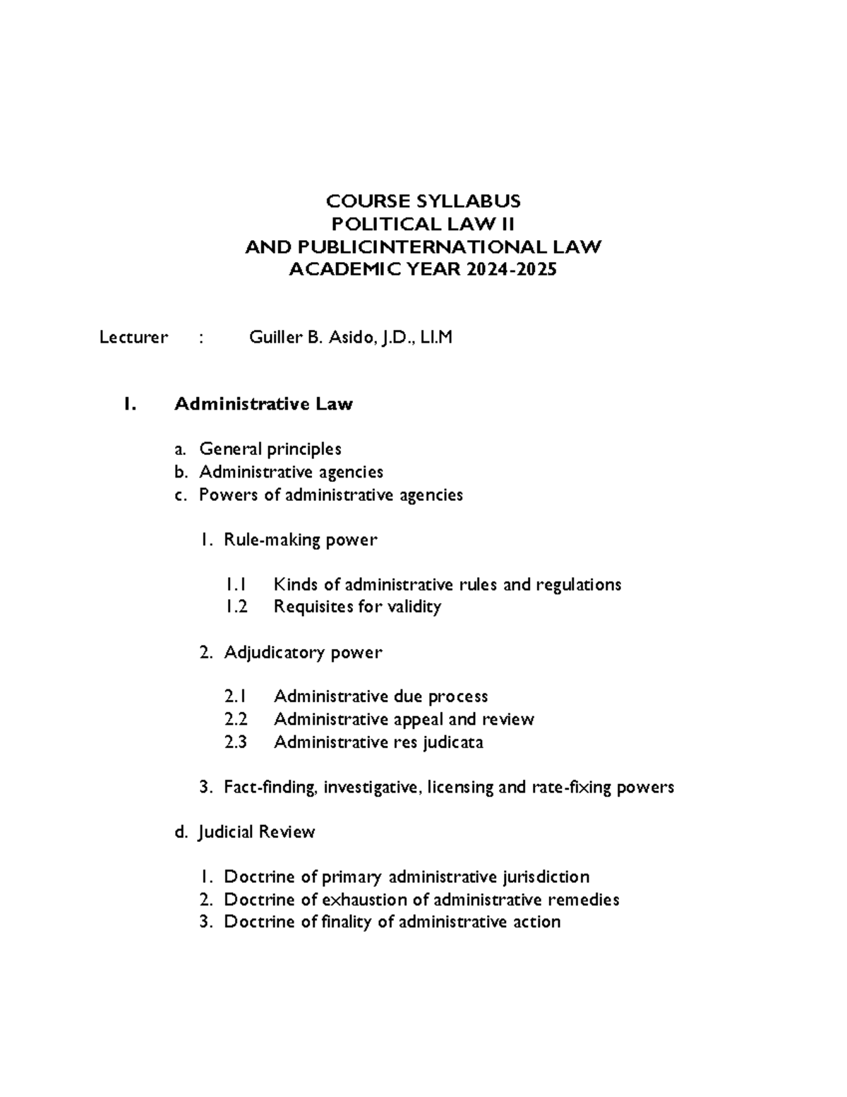 Politicallaw 2 - syllabus - COURSE SYLLABUS POLITICAL LAW II AND ...