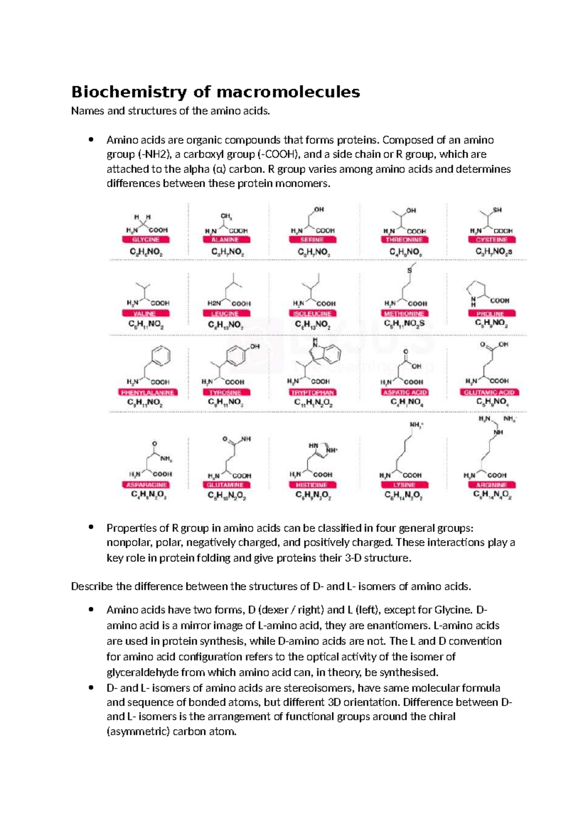 Biochemistry of Macromolecules: Amino Acids and Protein Structures ...