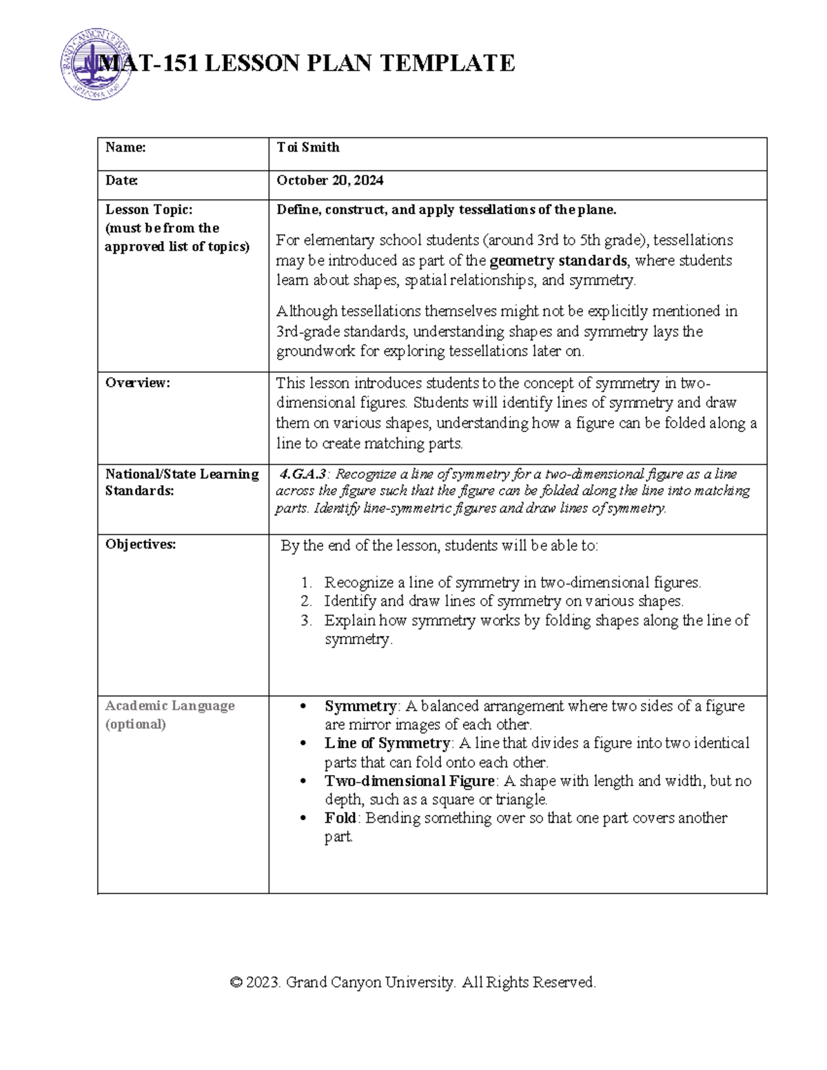 MAT-151 Lesson Plan: Exploring Tessellations and Symmetry for Week 6 ...