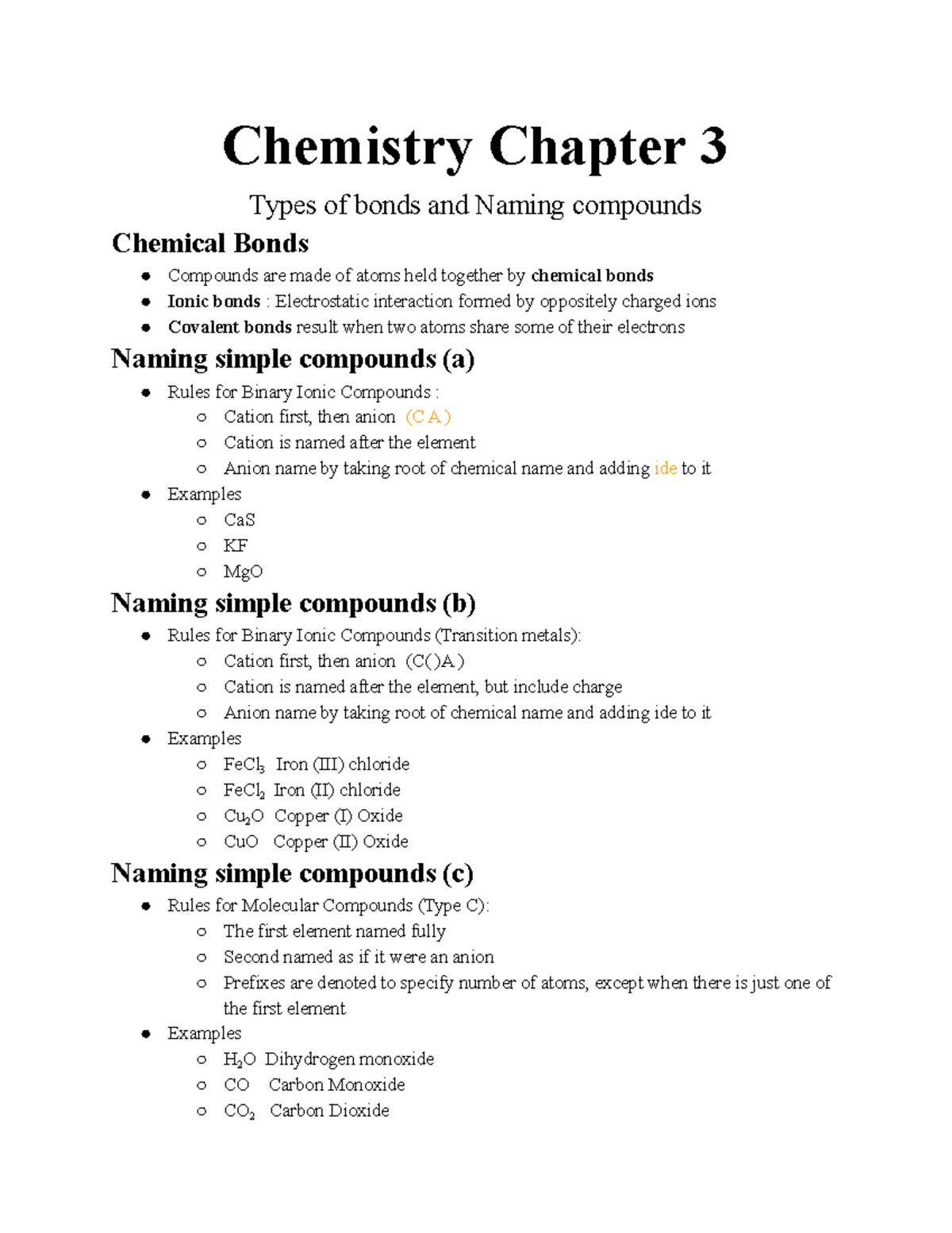 Chemistry 101 Chapter 3 Notes: Chemical Bonds and Naming Compounds ...