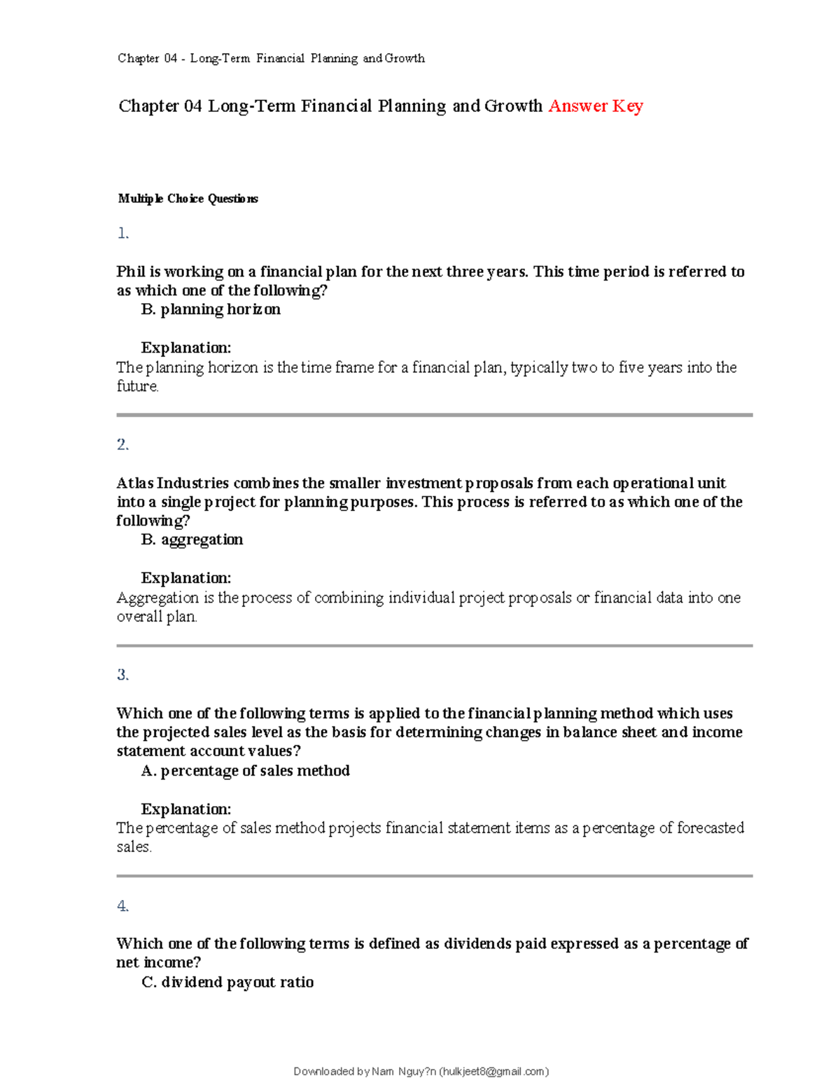 Chapter 04 Long-Term Financial Planning and Growth: Answer Key for MCQs ...