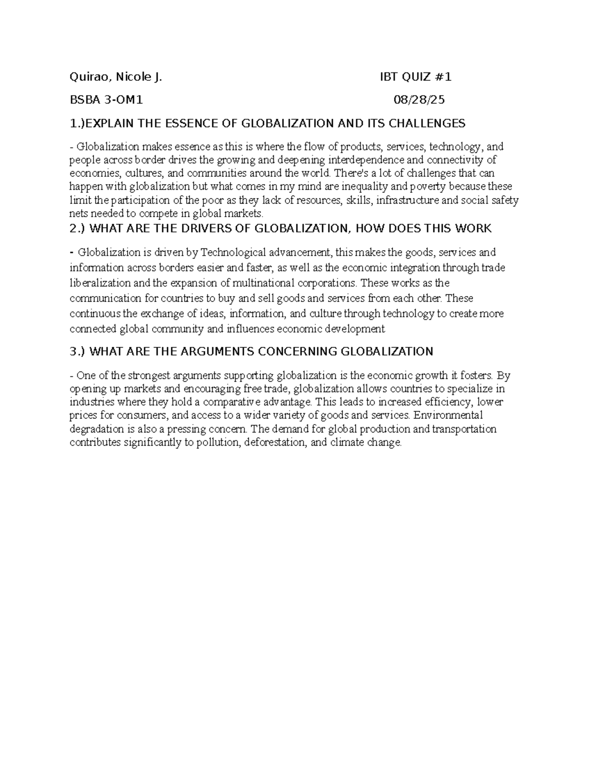 BSBA IBT QUIZ: Globalization - Essence, Challenges & Drivers - Studocu