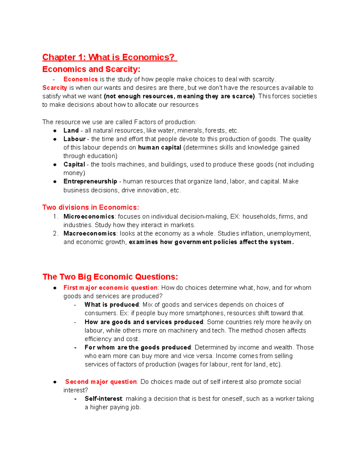 ECON 1050 Chapter 1: Introduction to Economics and Scarcity - Studocu