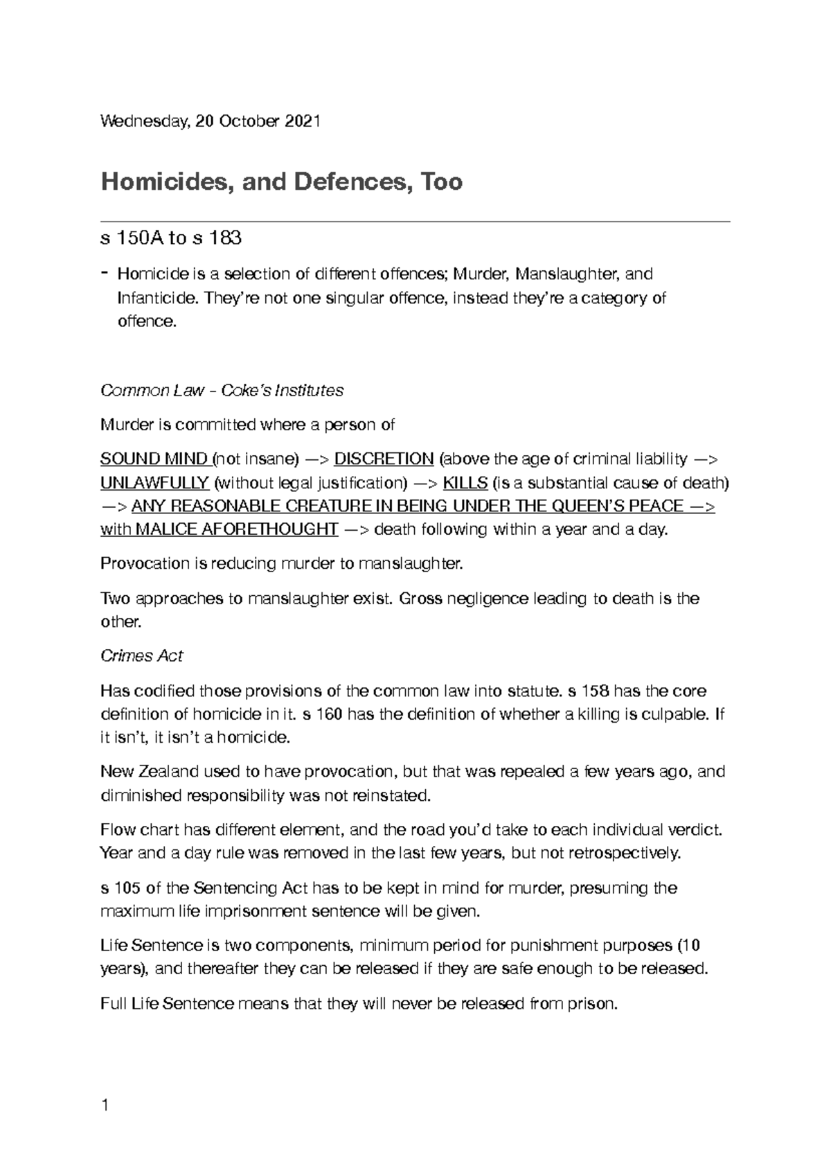 Homicides, and Defences, Too, Notes - Criminal Law - AUT - Studocu