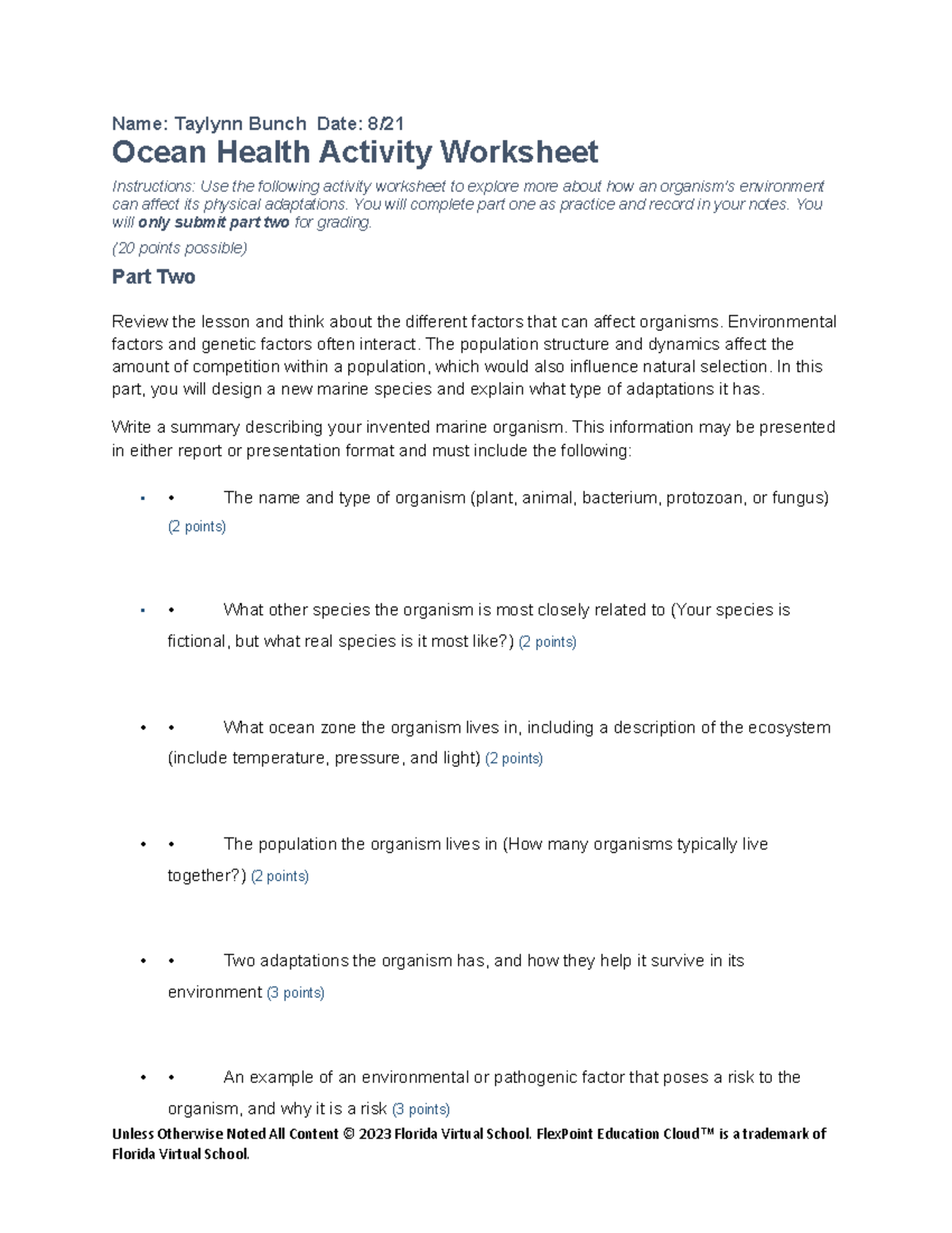 Ocean health worksheet - Name: Taylynn Bunch Date: 8/ Ocean Health ...