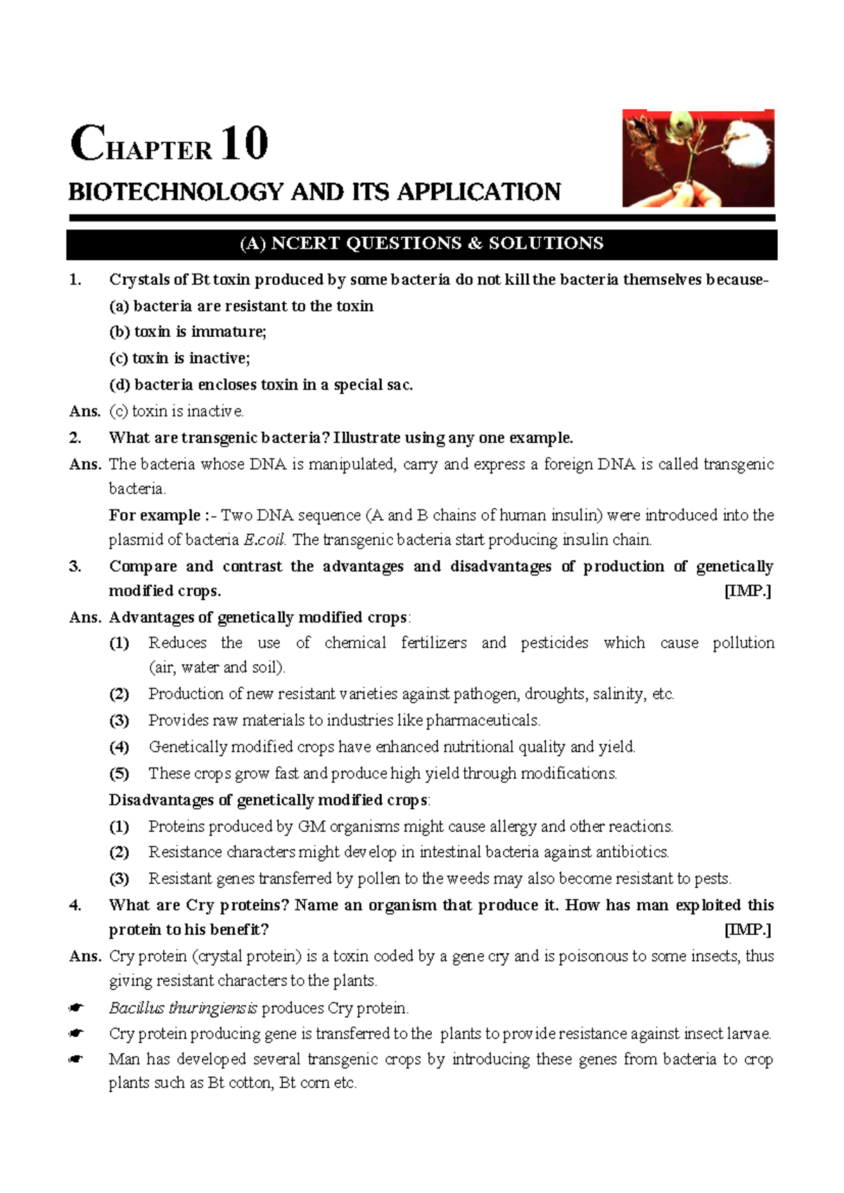 CHAPTER 10 (A) NCERT SOLUTIONS: BIOTECHNOLOGY & APPLICATIONS - Studocu