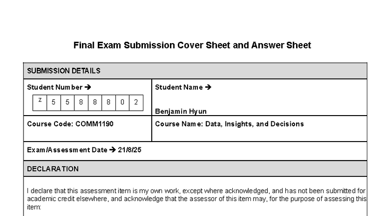 Final Exam Cover Sheet & Answers for COMM1190: Data, Insights, and ...