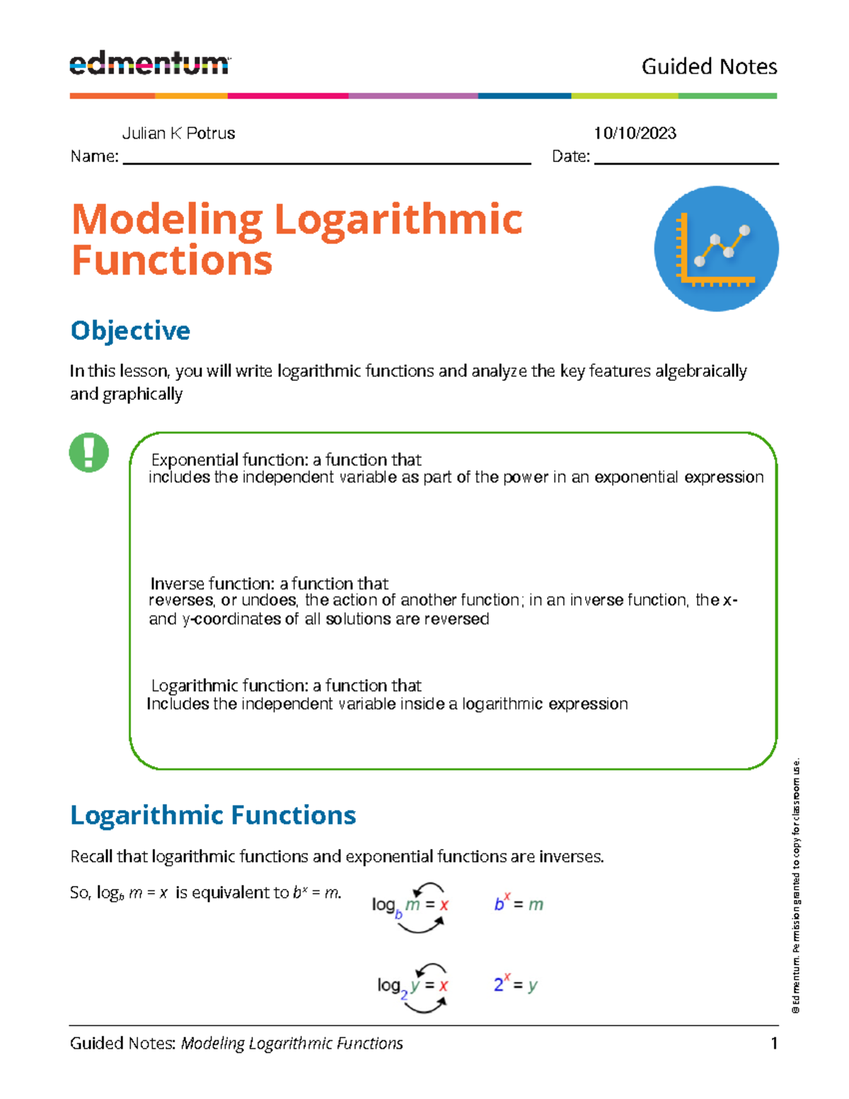 Guided Notes CCSS Algebra 2 Unit B2: Logarithmic Functions Modeling ...