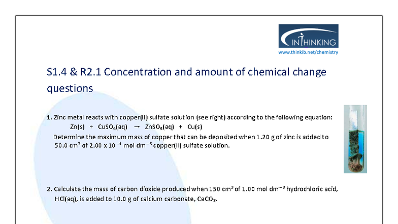S1.4 R2.1 Chemical Change Calculations and Questions - Studocu