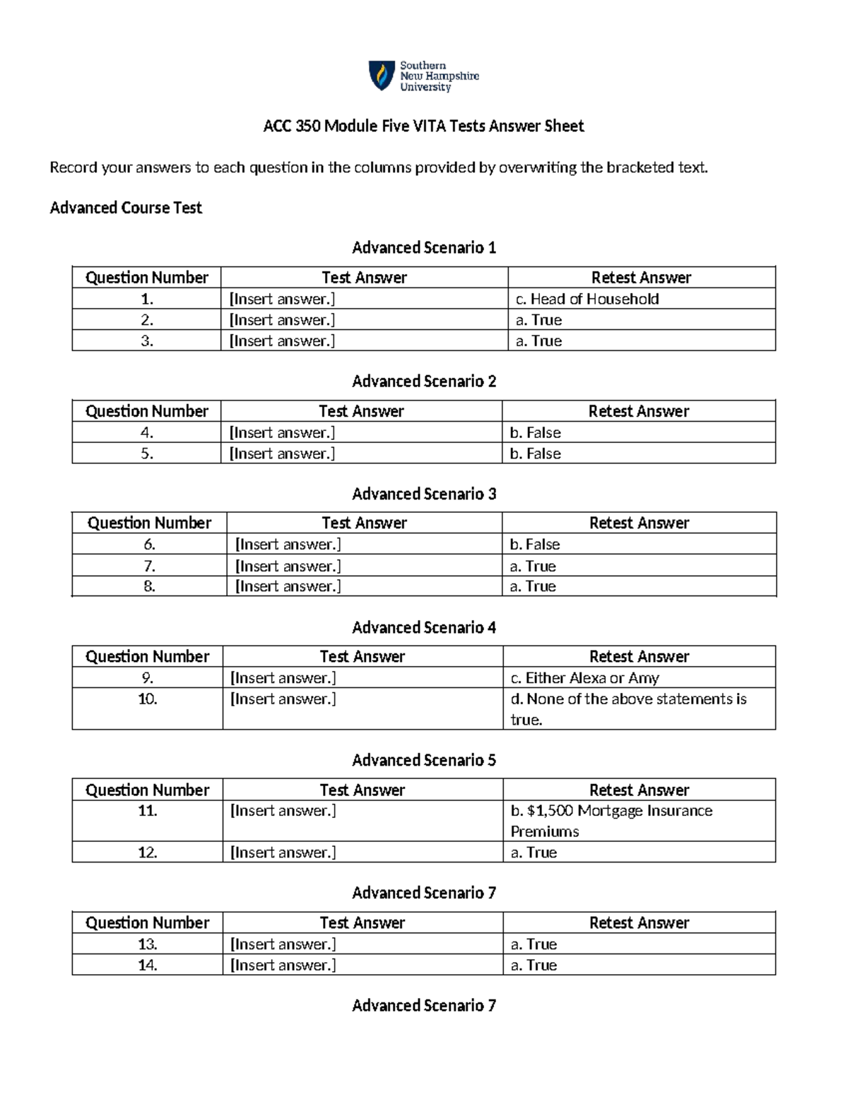 ACC 350 Module Five VITA Test Answers - Answer Sheet - Studocu