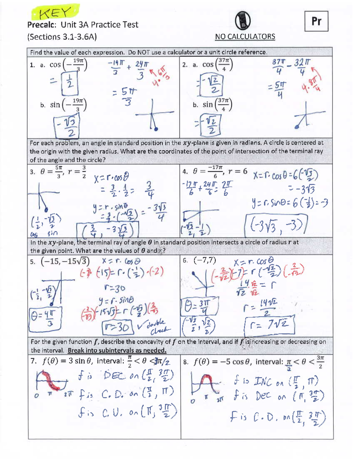 PC 3A Precalc: Unit 3A Practice Test - Answer Key - Studocu