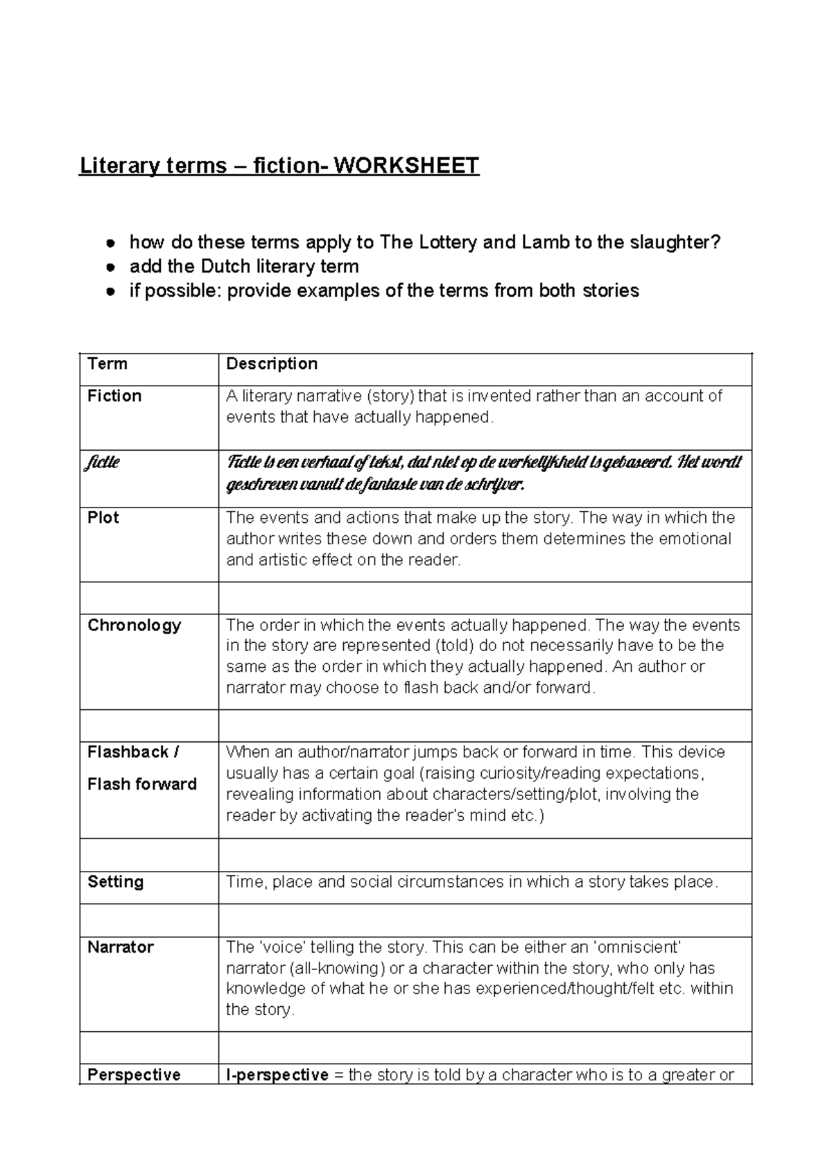 Literary Terms Worksheet 2425: Analysis of Fiction in Short Stories ...