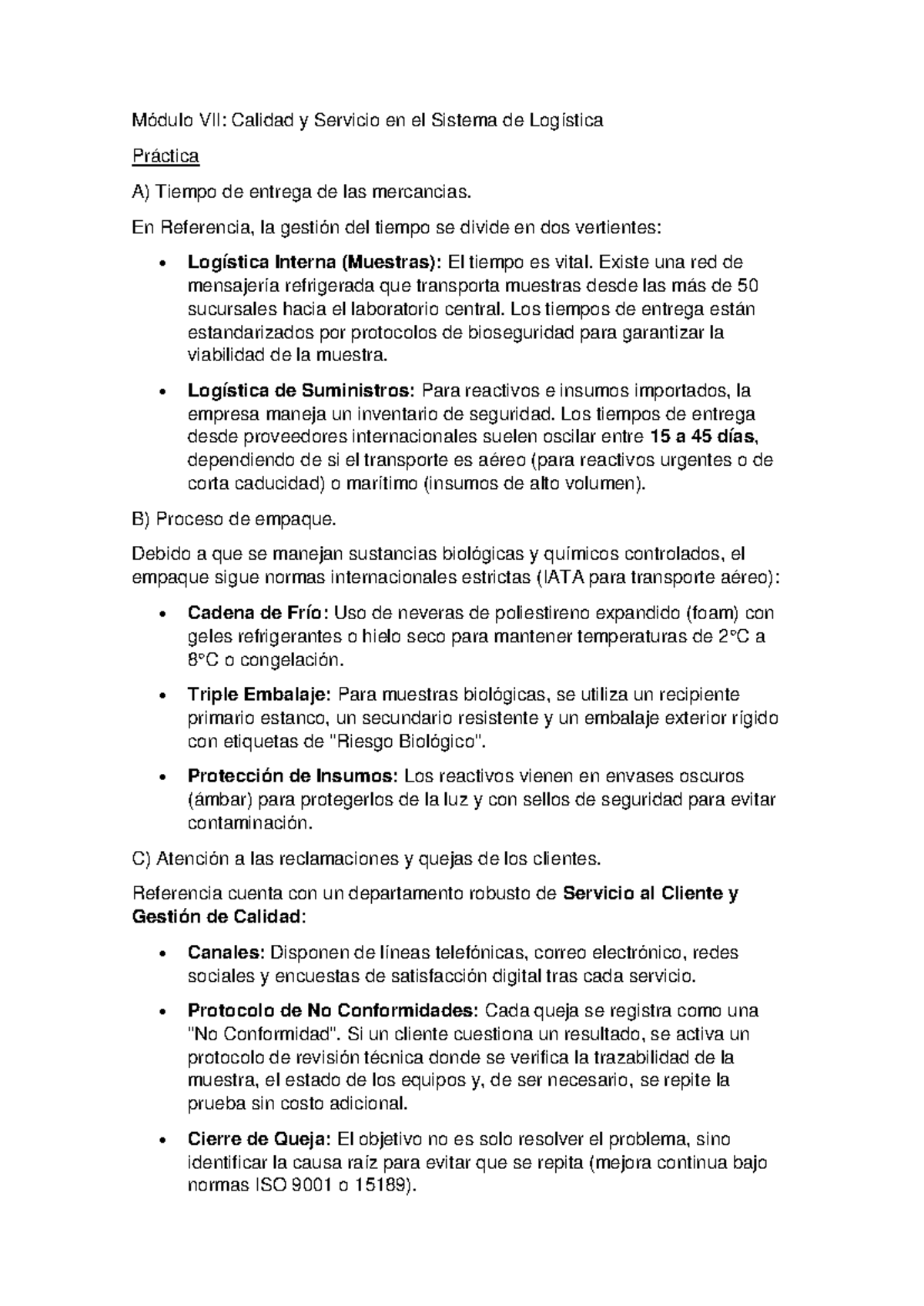 Práctica A: Calidad y Servicio en Logística - Módulo VII - Studocu
