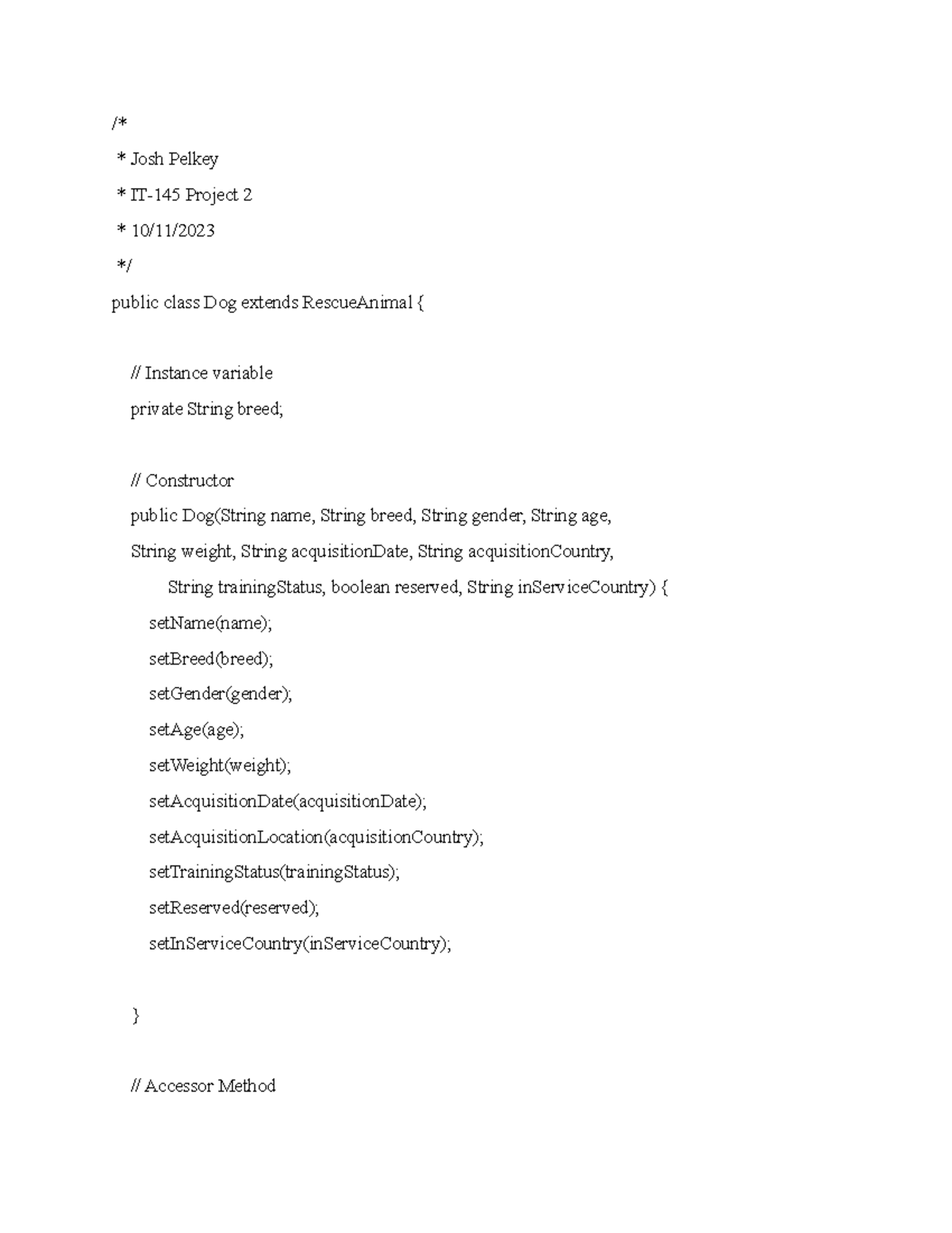 IT-145 Project 2: Class Design for Rescue Animal System - Studocu