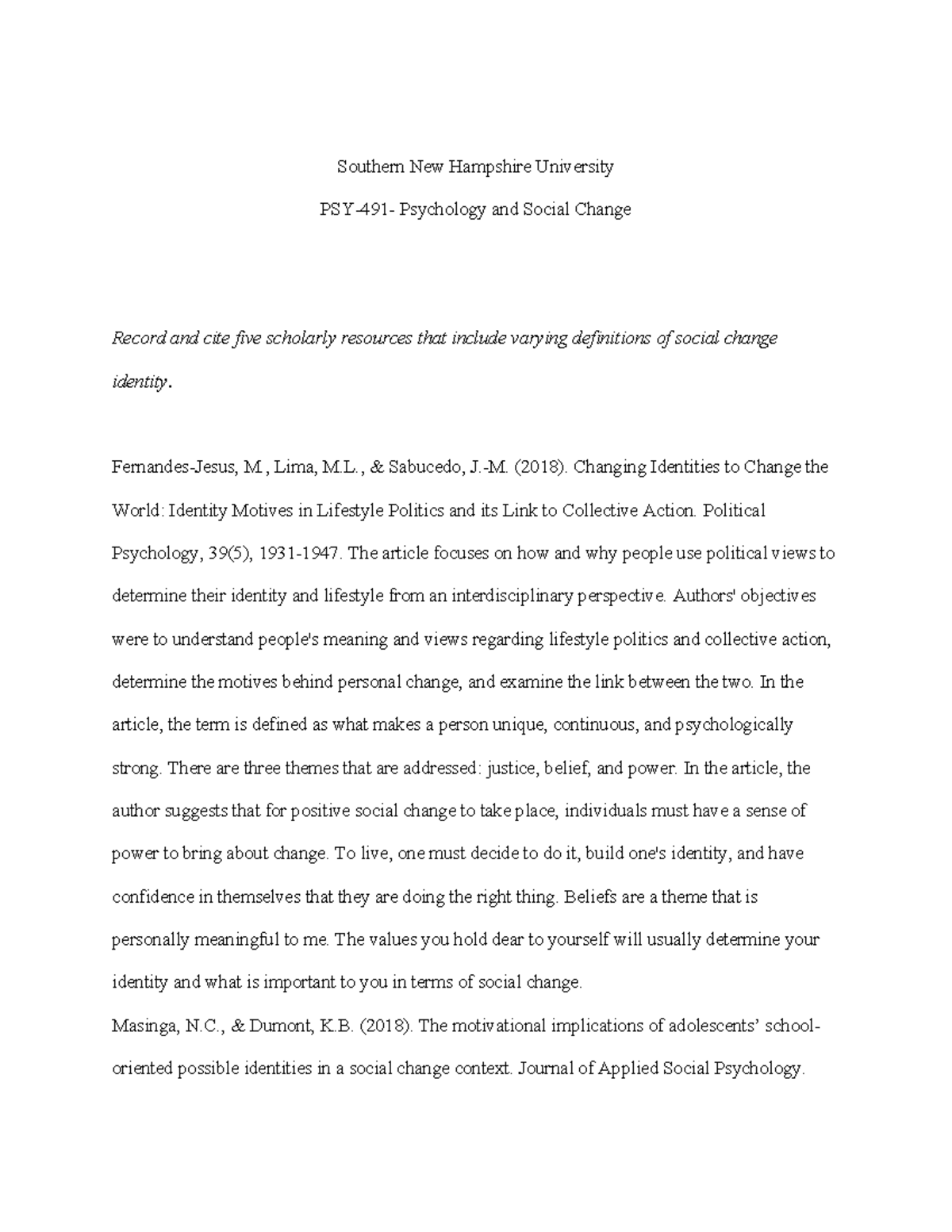 PSY-491 Module 1 Milestone: Scholarly Resources on Social Change ...