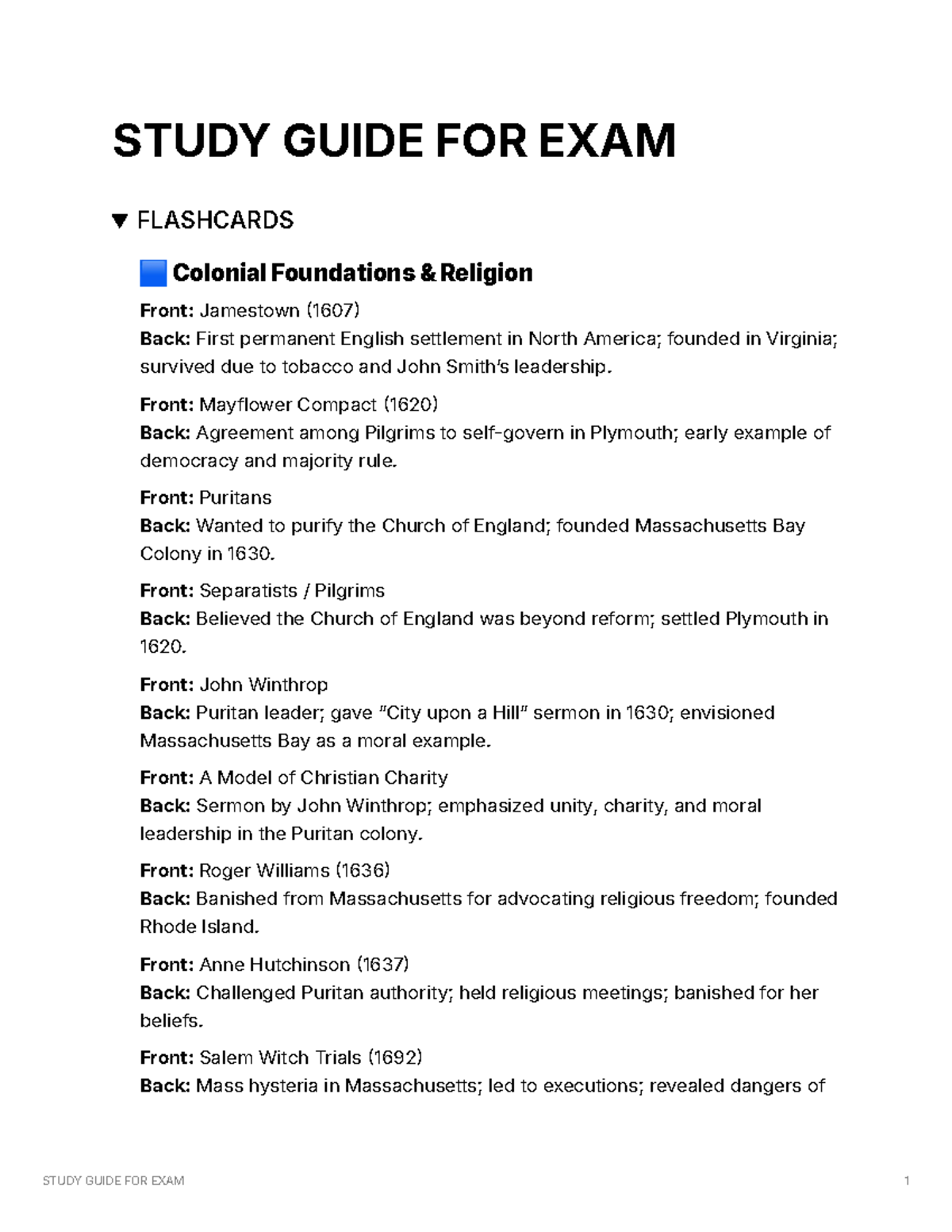 STUDY GUIDE FOR EXAM: Colonial Foundations & Revolutionary War Events ...