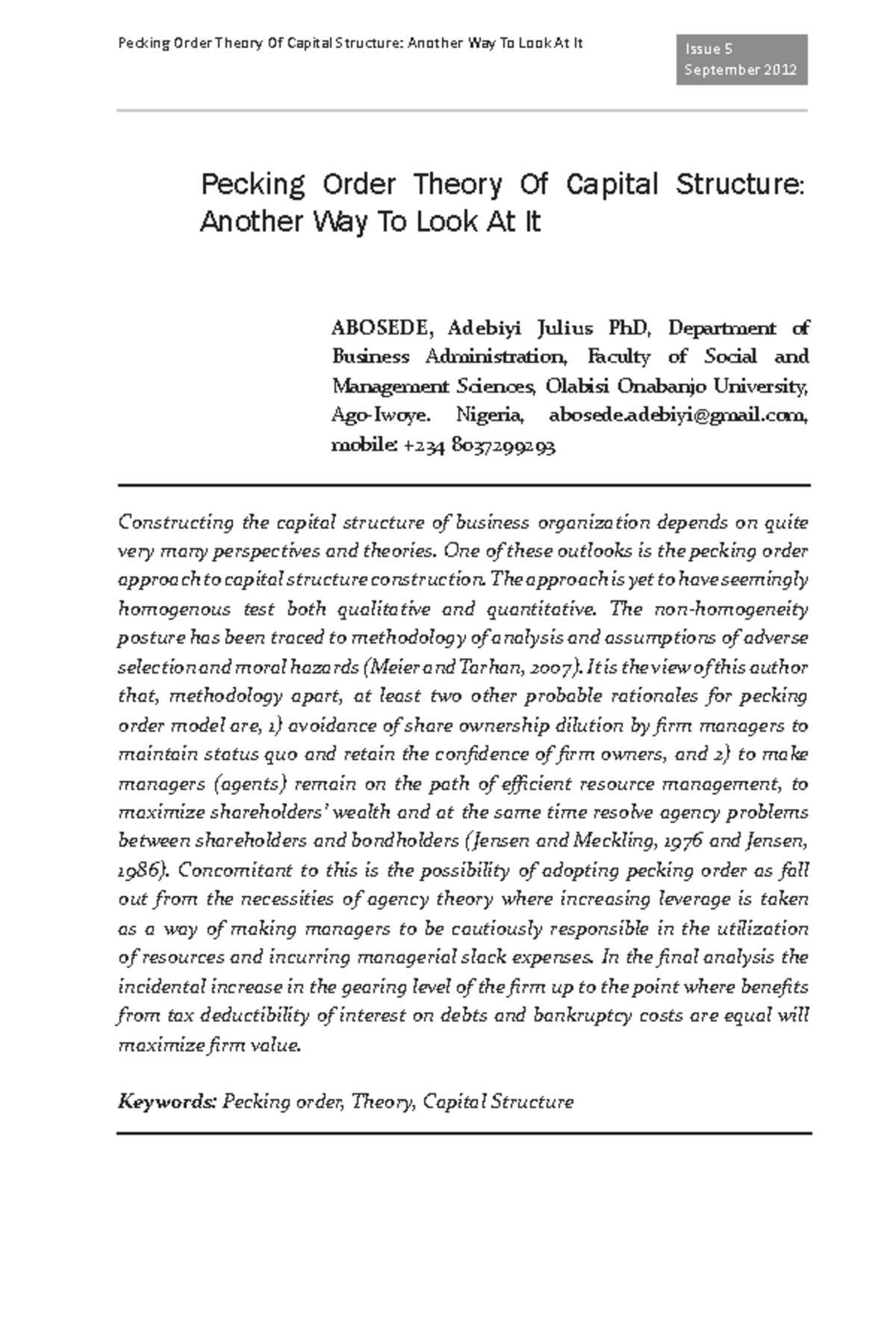 2030 Business Admin: Pecking Order Theory of Capital Structure Insights ...