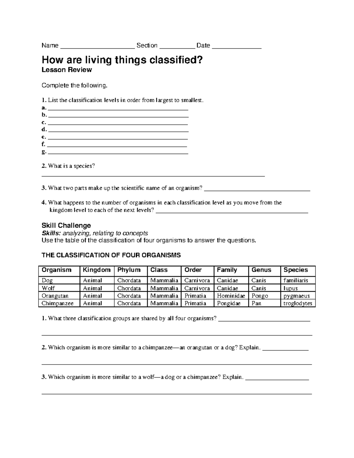 Classification worksheet - Name _____________________ Section ...