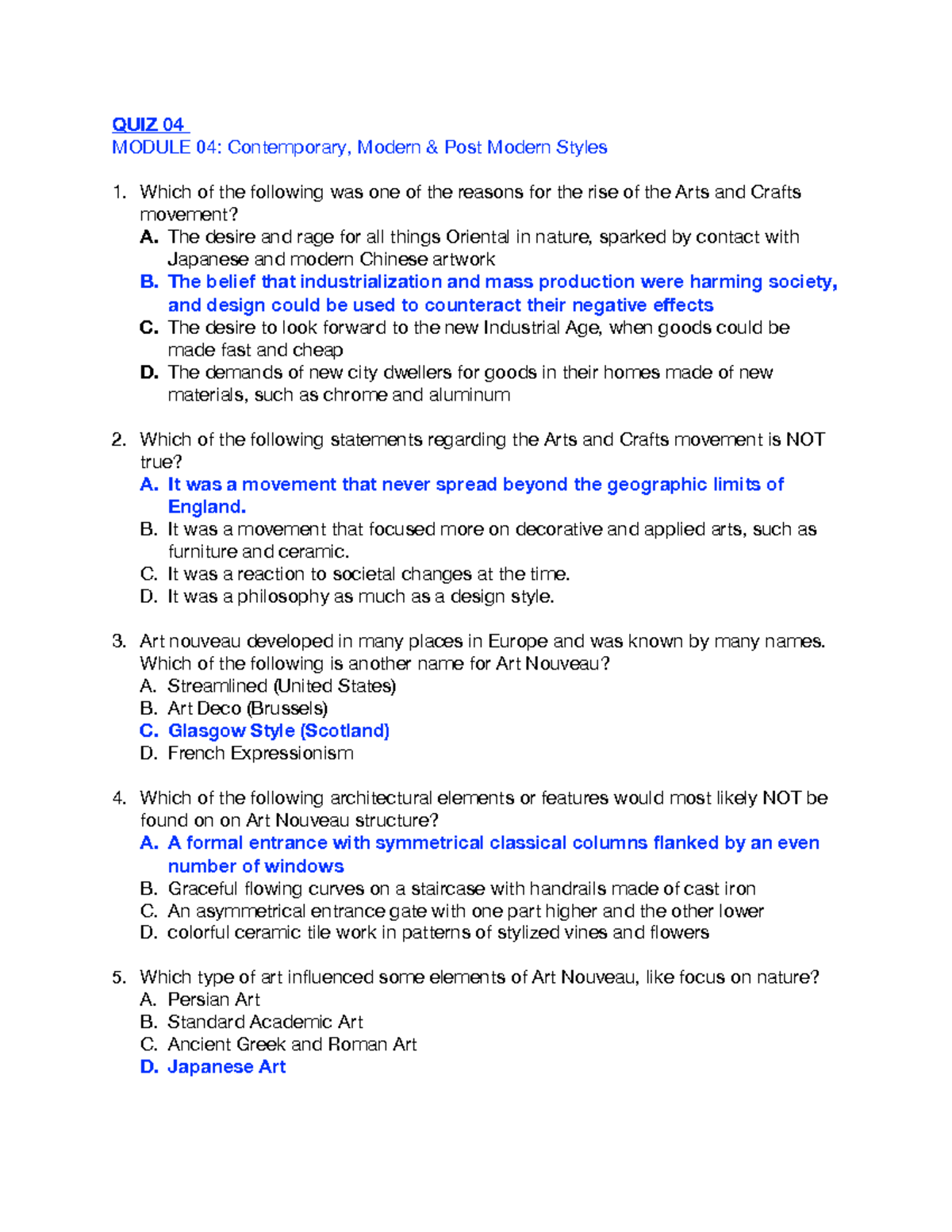 697609144 4HOA QUIZ Questions and Answers on Art Movements - Studocu