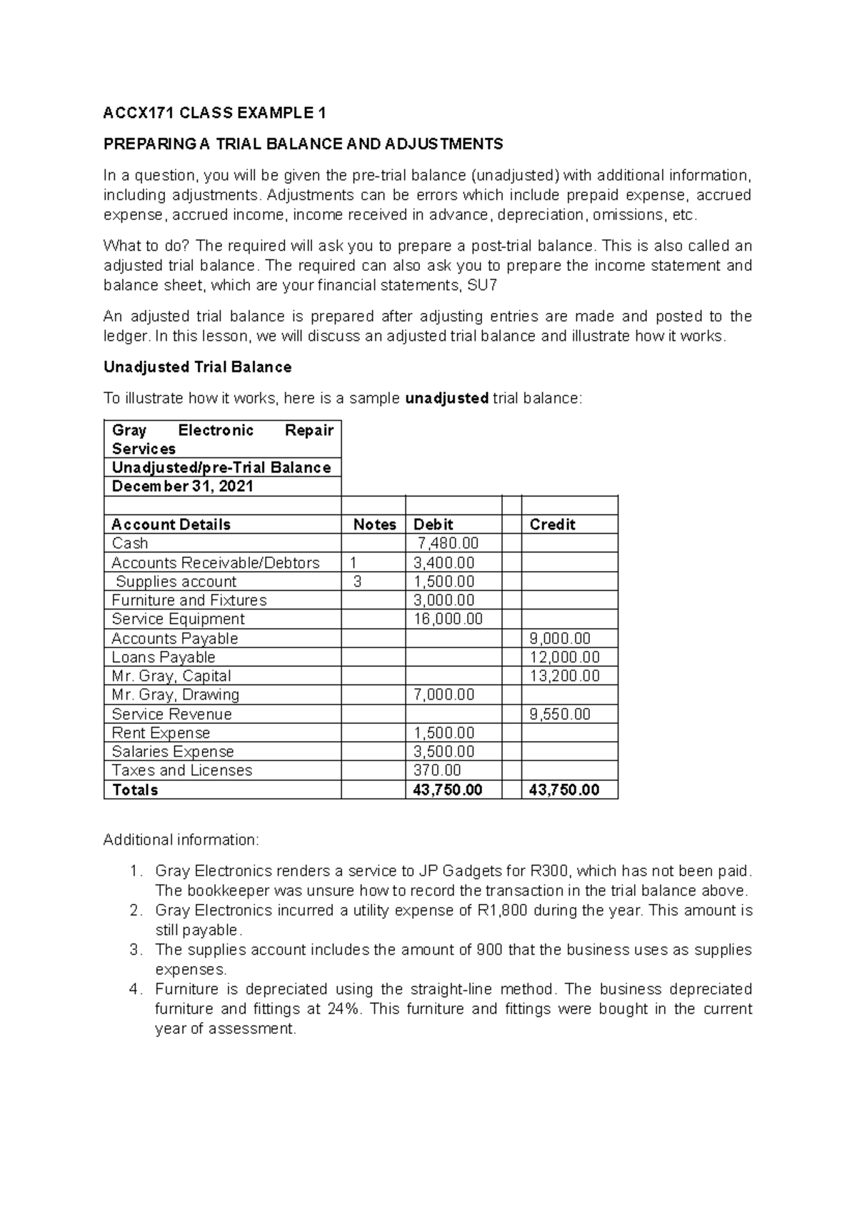 ACCX171 Class Example 1: Preparing Adjusted Trial Balance & Memo - Studocu