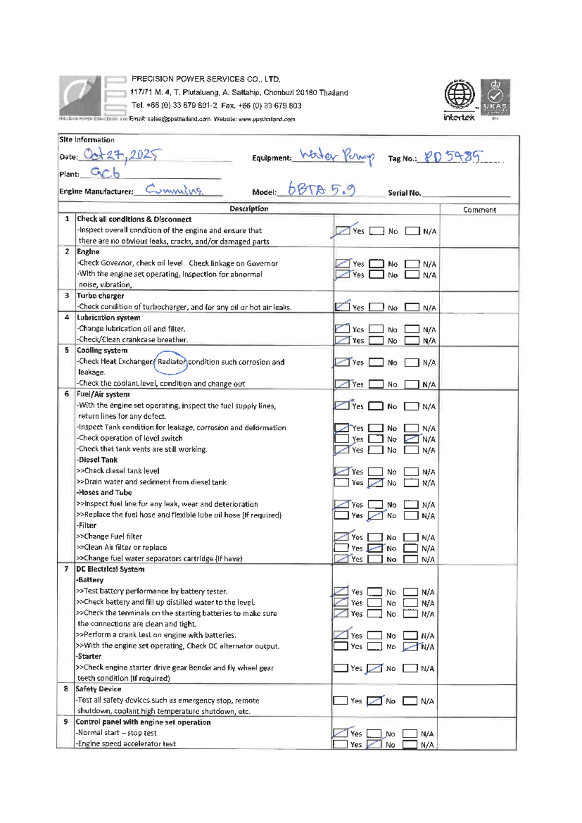 PM Checklist for Water Pump PD5485 Cummins WO2510002 - Studocu